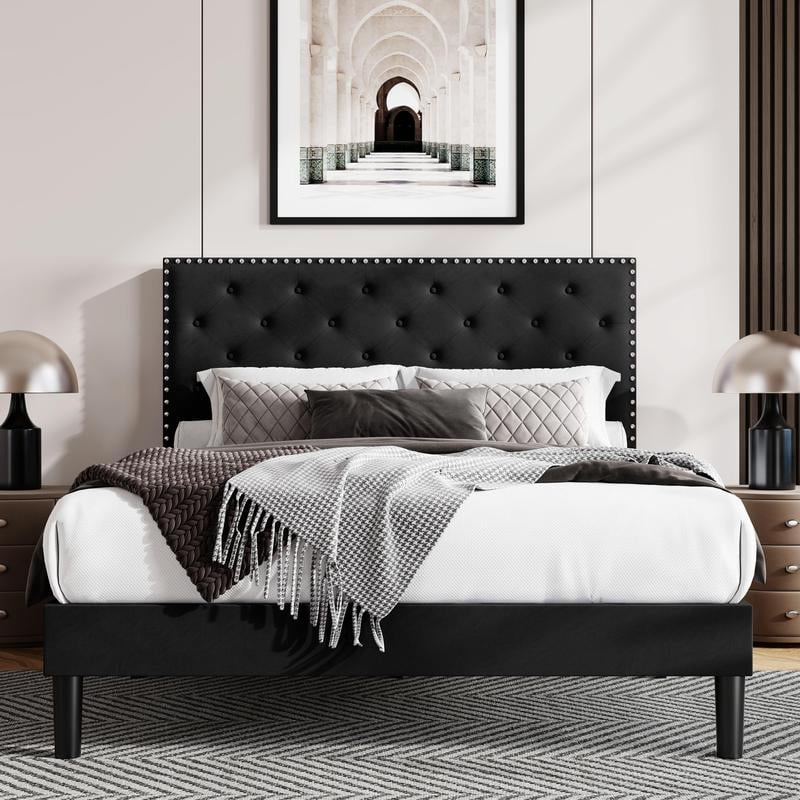 Allewie Full/Queen/King Bed Frame, Velvet Platform Bed with Adjustable ...
