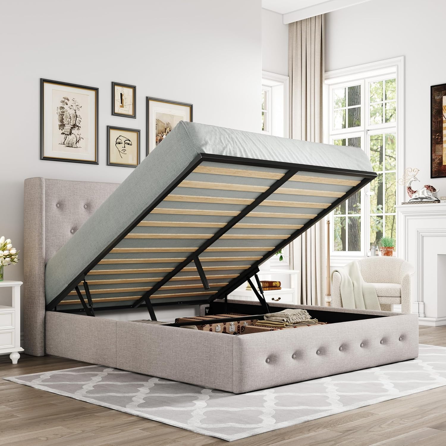 Allewie Full Size Lift Up Storage Bed, Modern Wingback Headboard ...