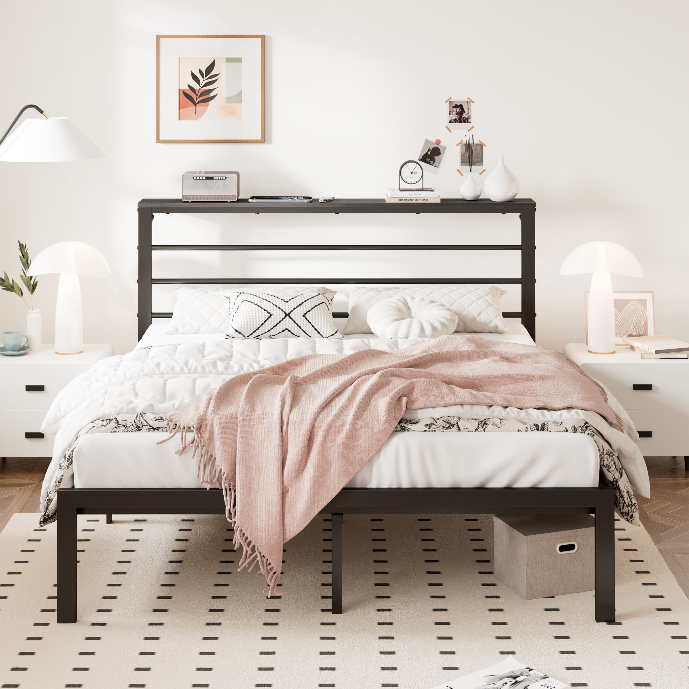 Allewie Full Size Metal Bed Frame with Bedroom Slats, Black Shelf ...