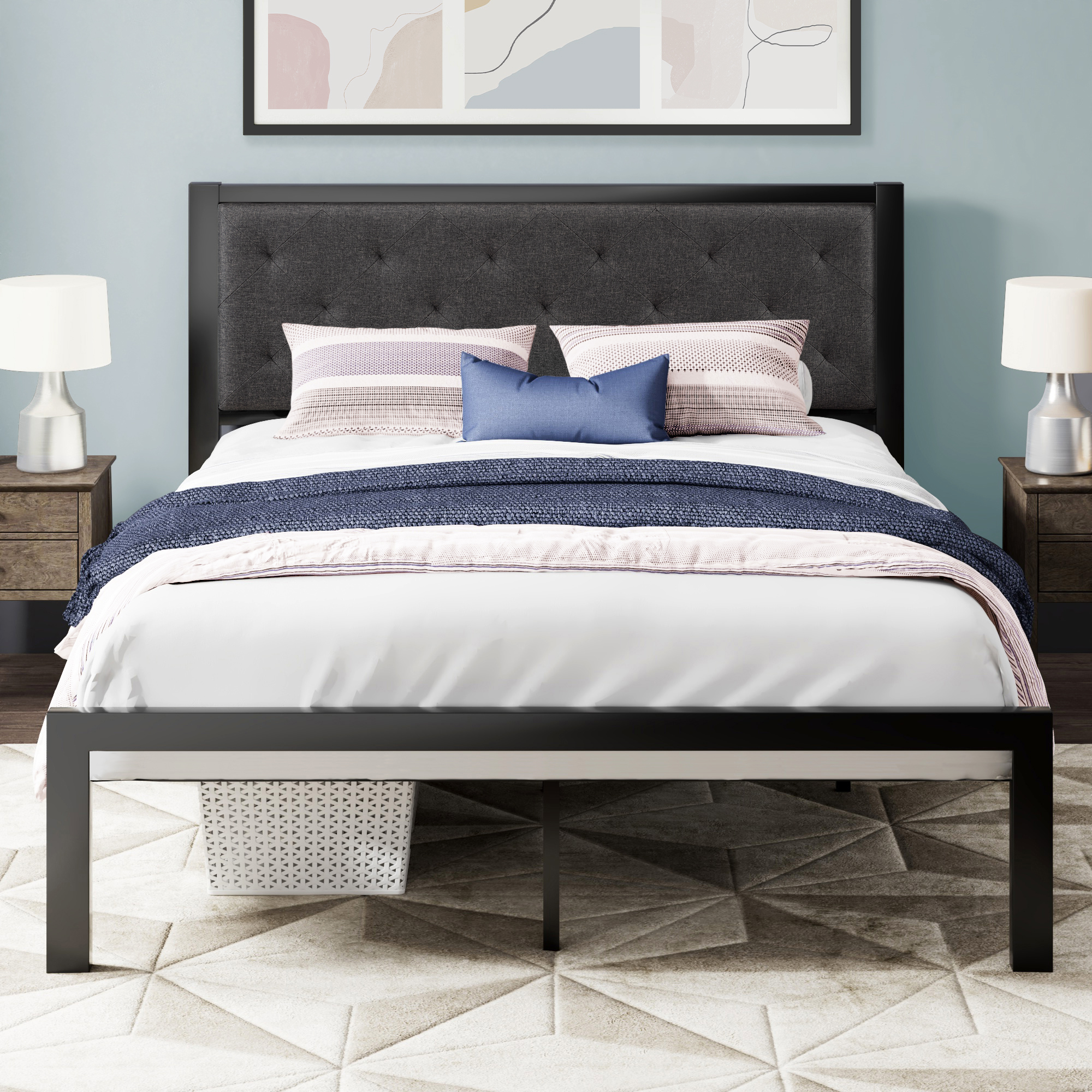 Allewie Full Size Metal Platform Bed Frame with Tufted Diamond Stitched ...