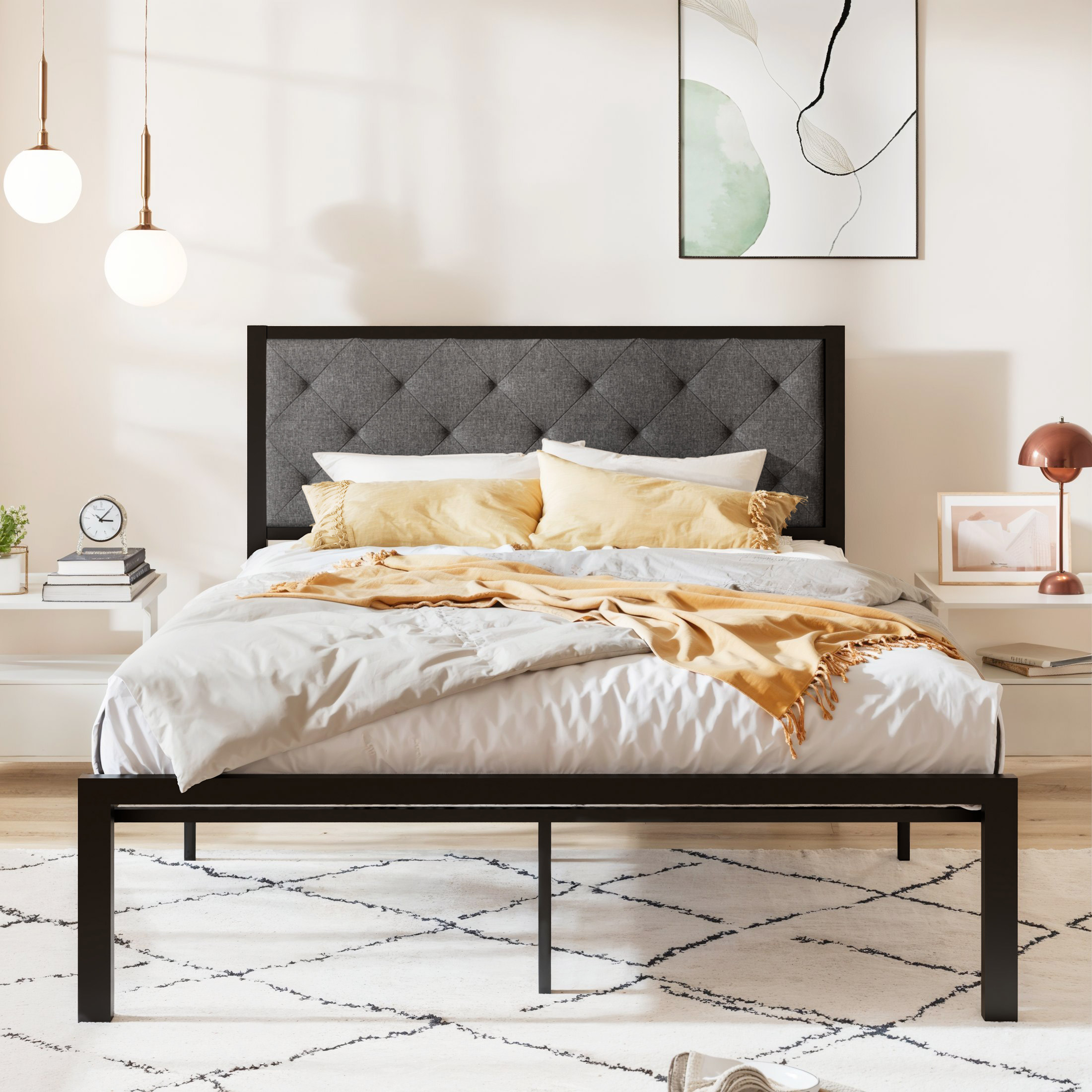 Allewie Full Size Metal Platform Bed Frame with Tufted Diamond Stitched ...