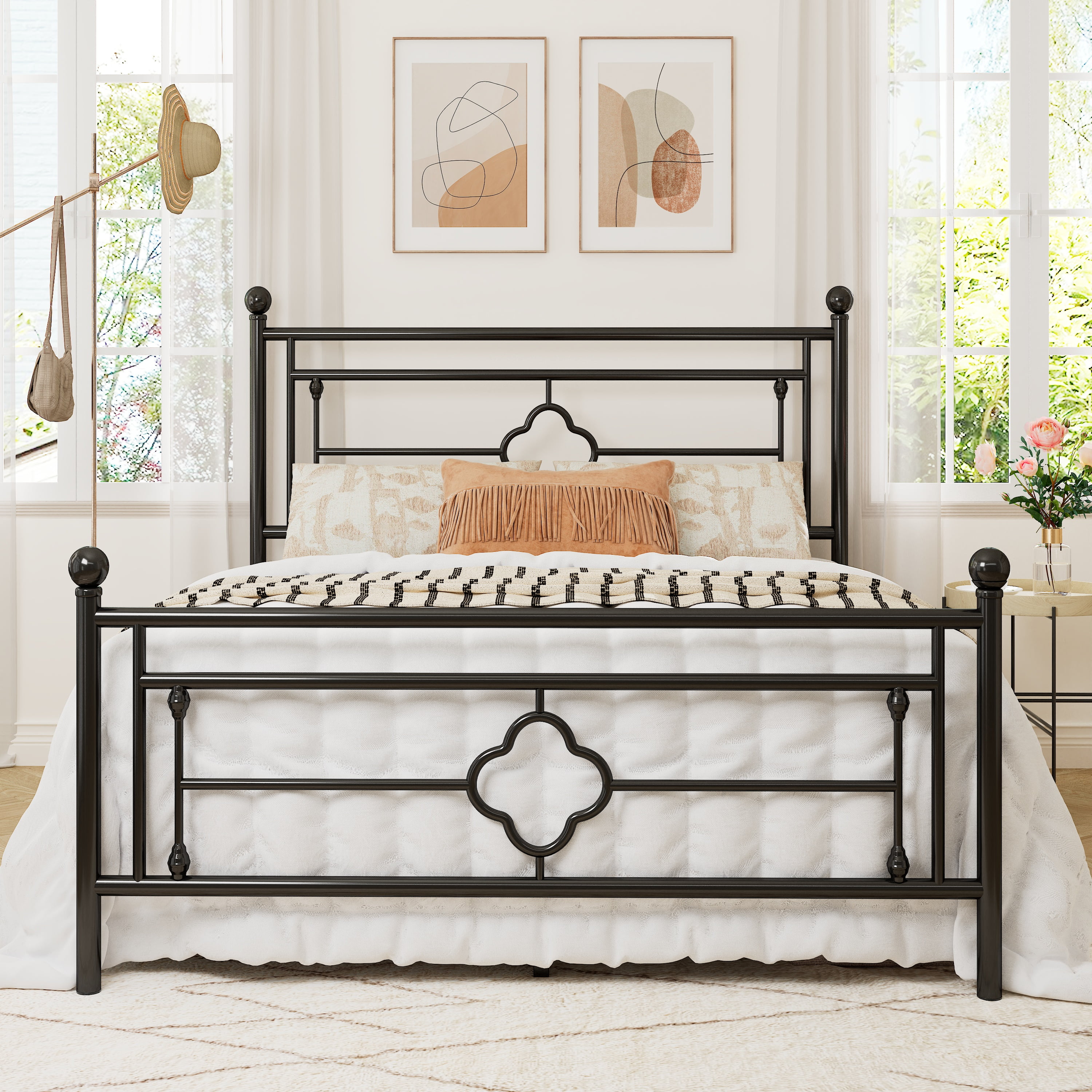 Allewie Full Size Metal Platform Bed Frame with Victorian Vintage Headboard and Footboard Black