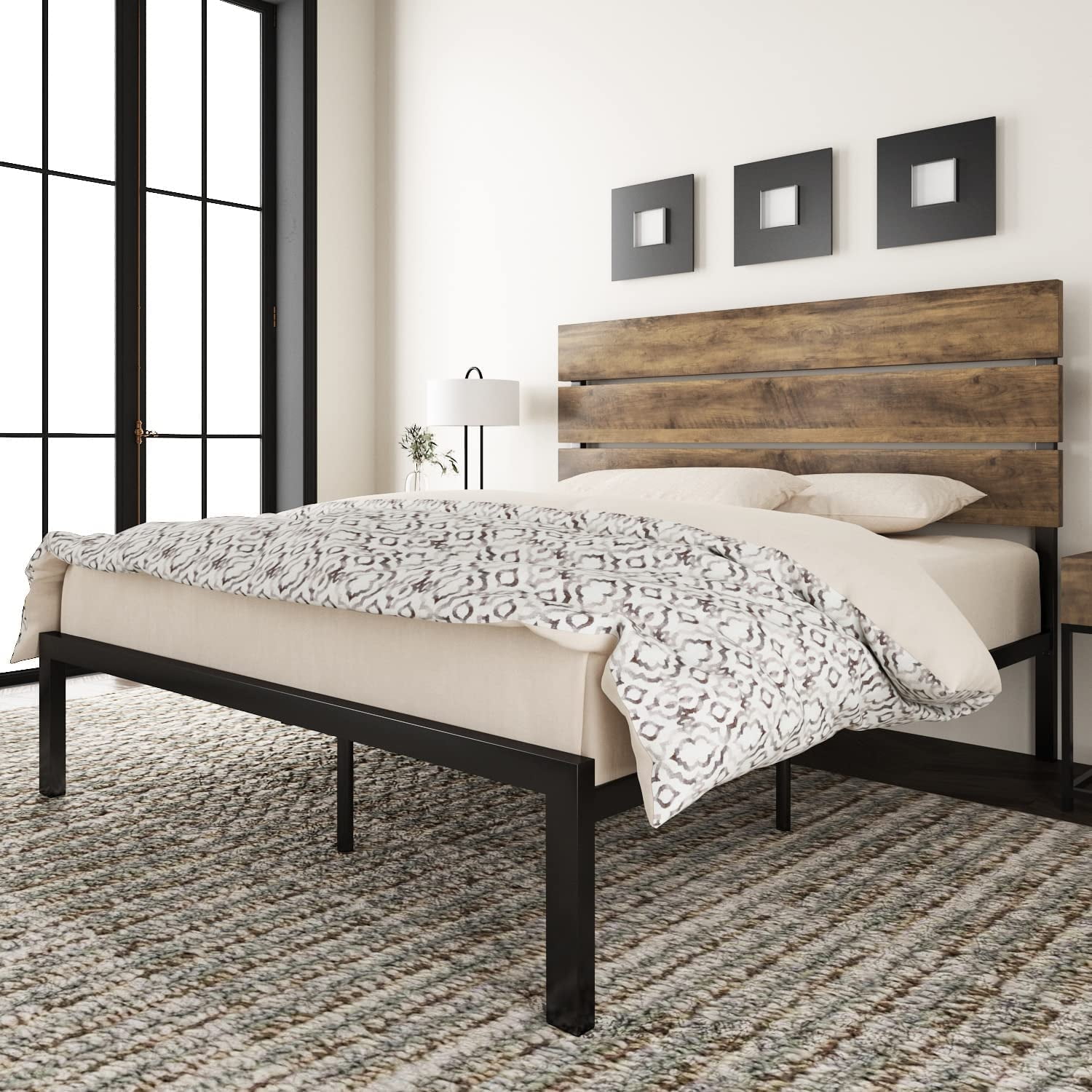 Allewie Farmhouse Style Full Size Bed Frame with Rustic Wooden ...