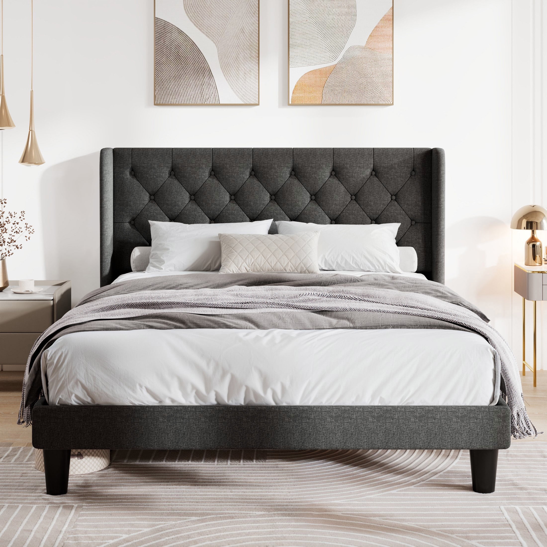 Allewie Upholstered Full Size Platform Bed Frame with Wooden Slats ...