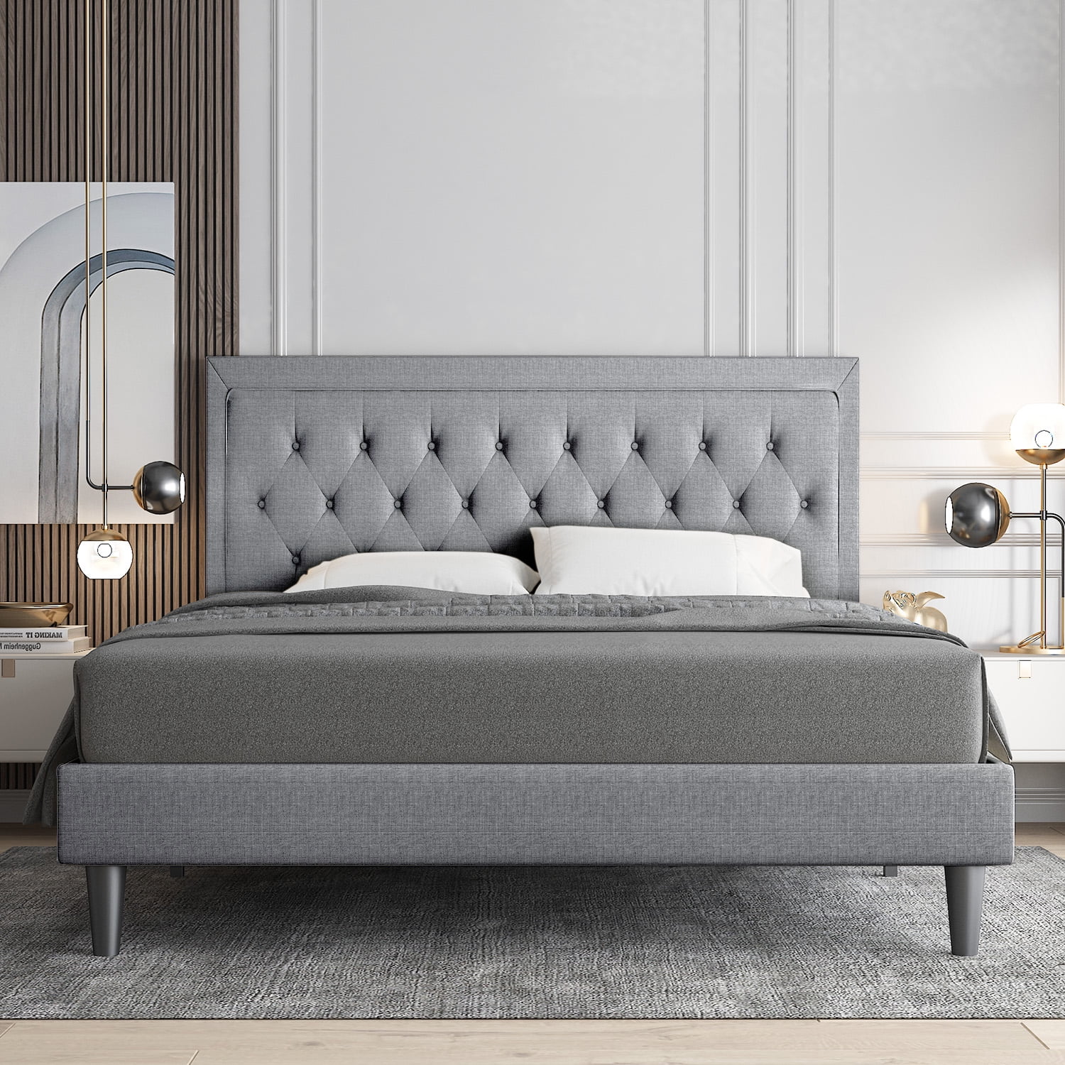 Allewie Upholstered Wood King Size Bed Frame with Adjustable Headboard ... Allewie Upholstered Wood King Size Bed Frame with Adjustable Headboard ...