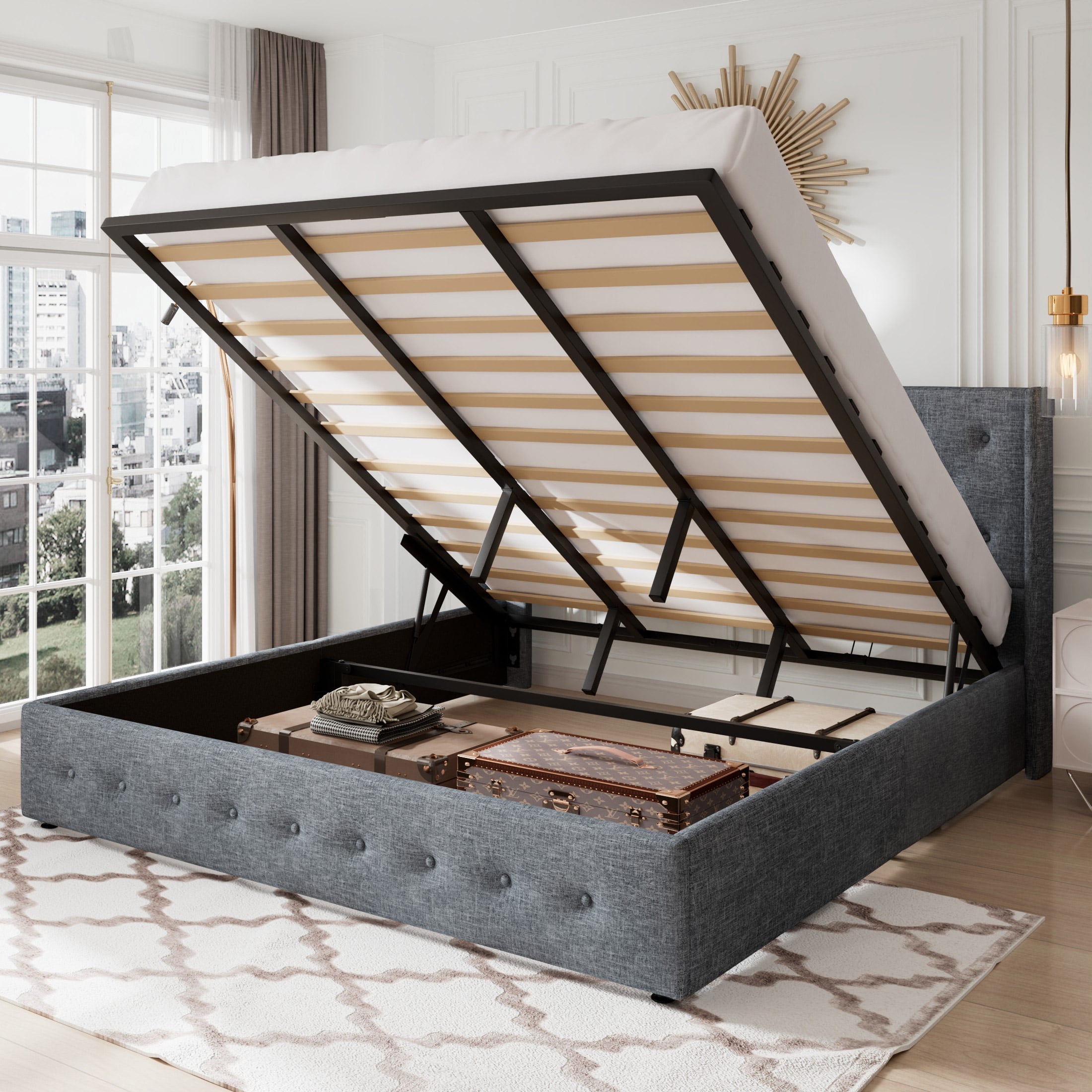Allewie Upholstered King Size Bed Frame with Lift Up Storage & Button ...