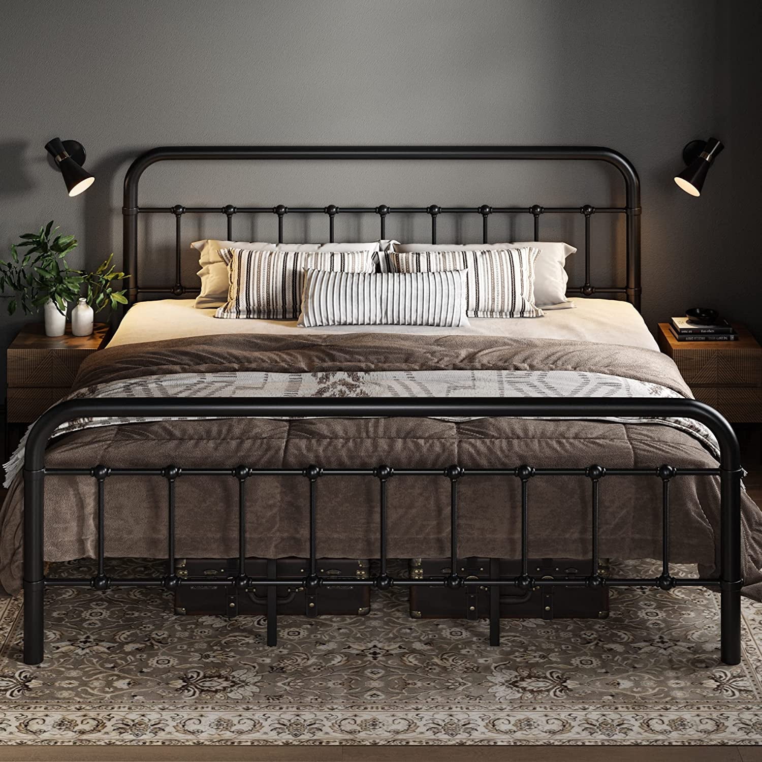 Allewie King Size Metal Bed Frame, Victorian Wrought Iron Headboard and ...