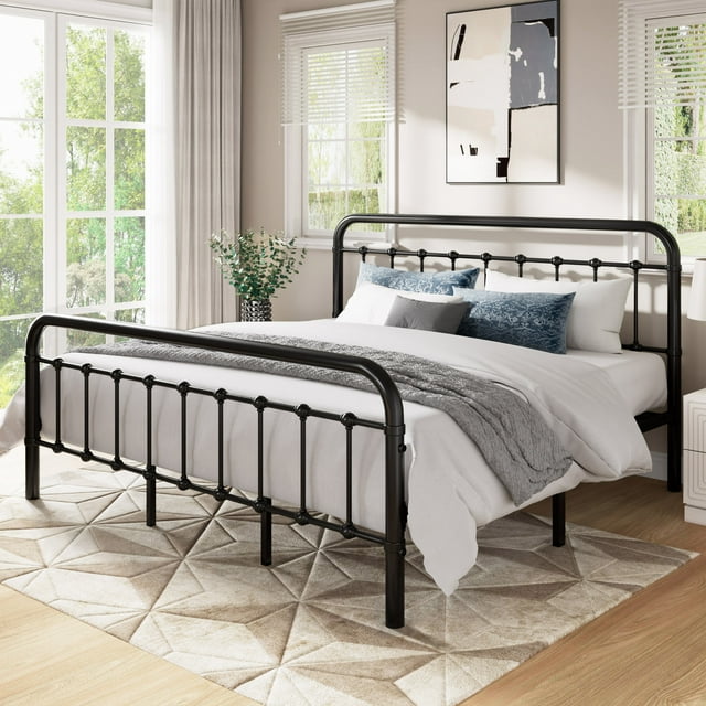 Allewie King Size Metal Platform Bed Frame with Victorian Style Wrought ...