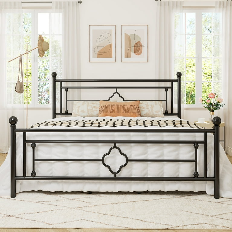 Allewie King Size Metal Platform Bed Frame with Victorian Vintage Headboard and Footboard Mattress Foundation Under Bed Storage Black