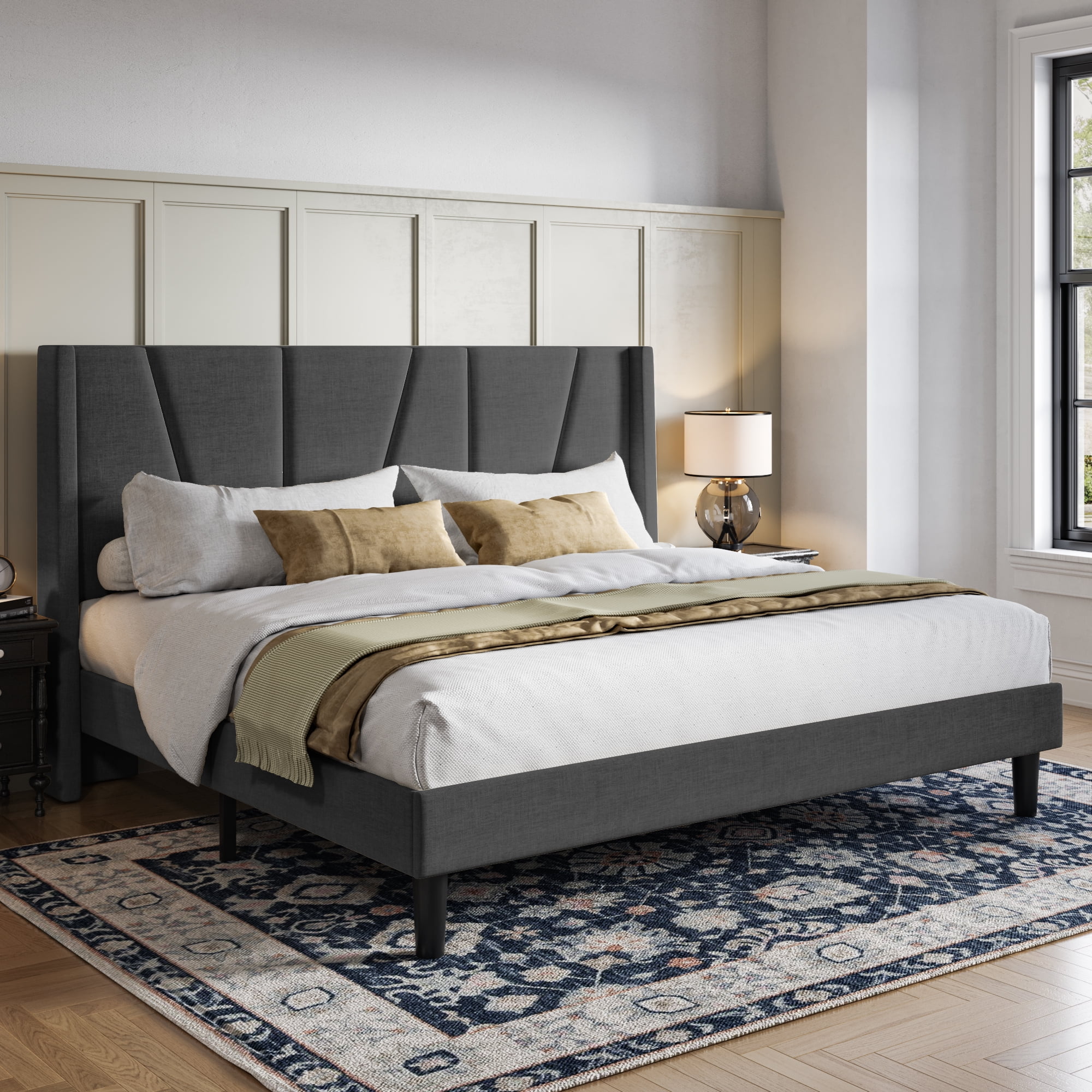 Allewie King Size Modern Platform Bed Frame with Upholstered Geometric ...