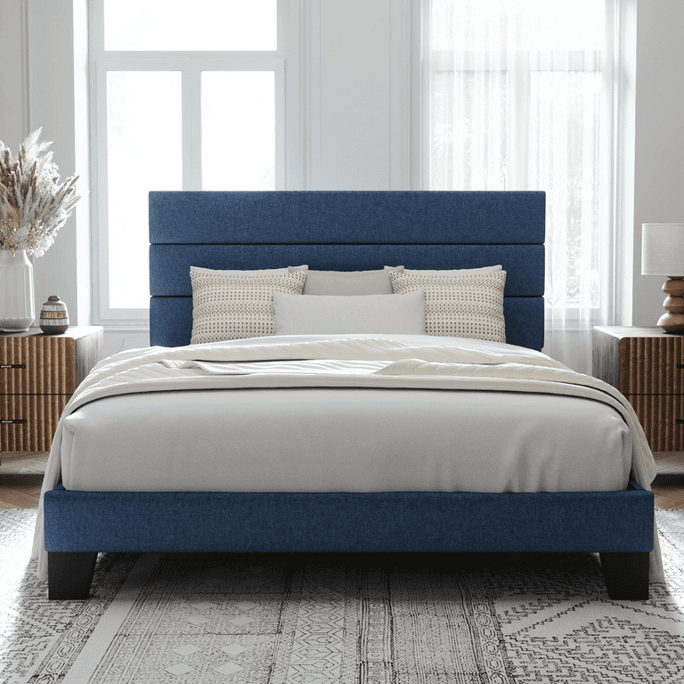 Allewie King Size Platform Bed Frame with Fabric Upholstered Headboard No Box Spring Needed Navy Blue