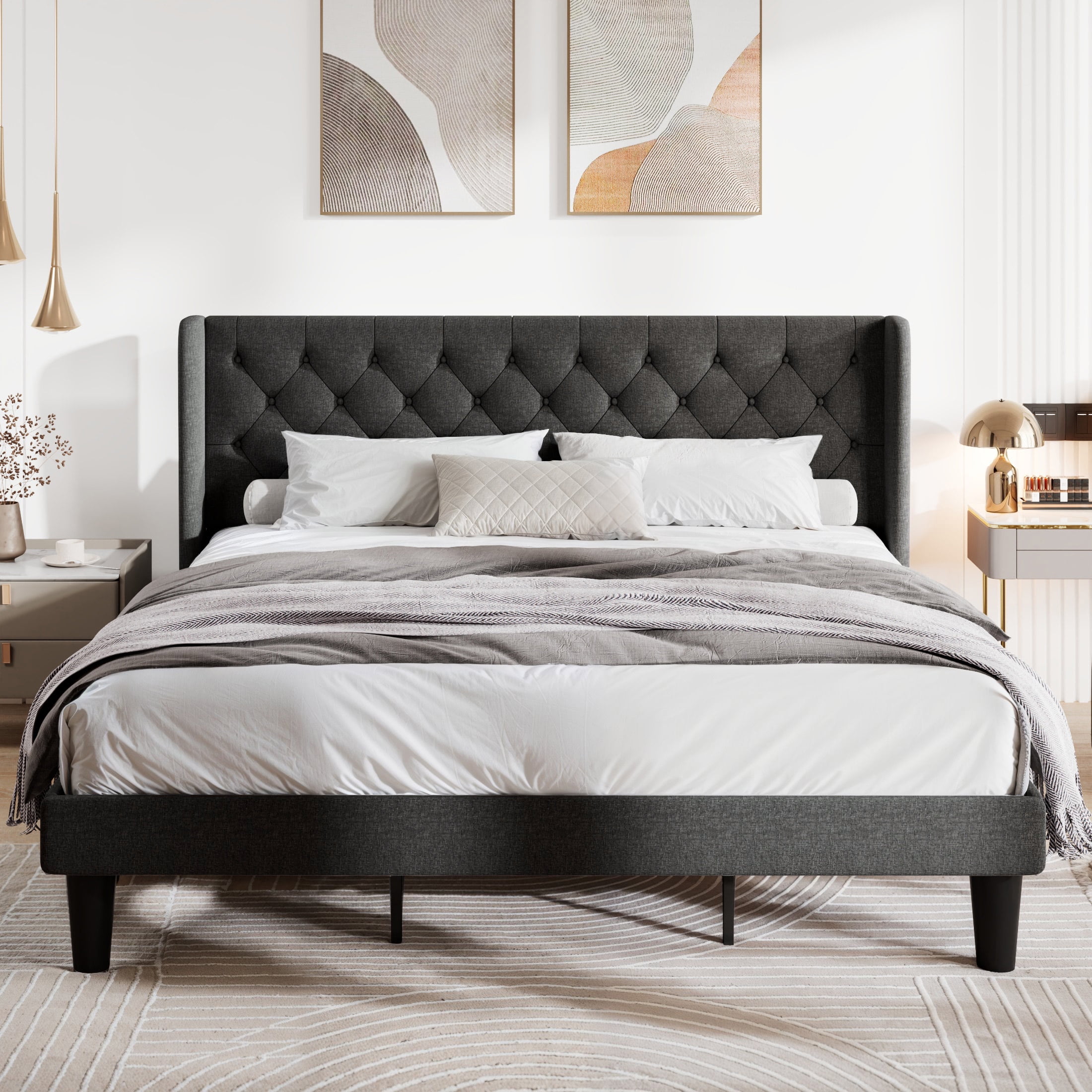Allewie King Size Bed Frame with Upholstered Wingback, Button Tufted ...