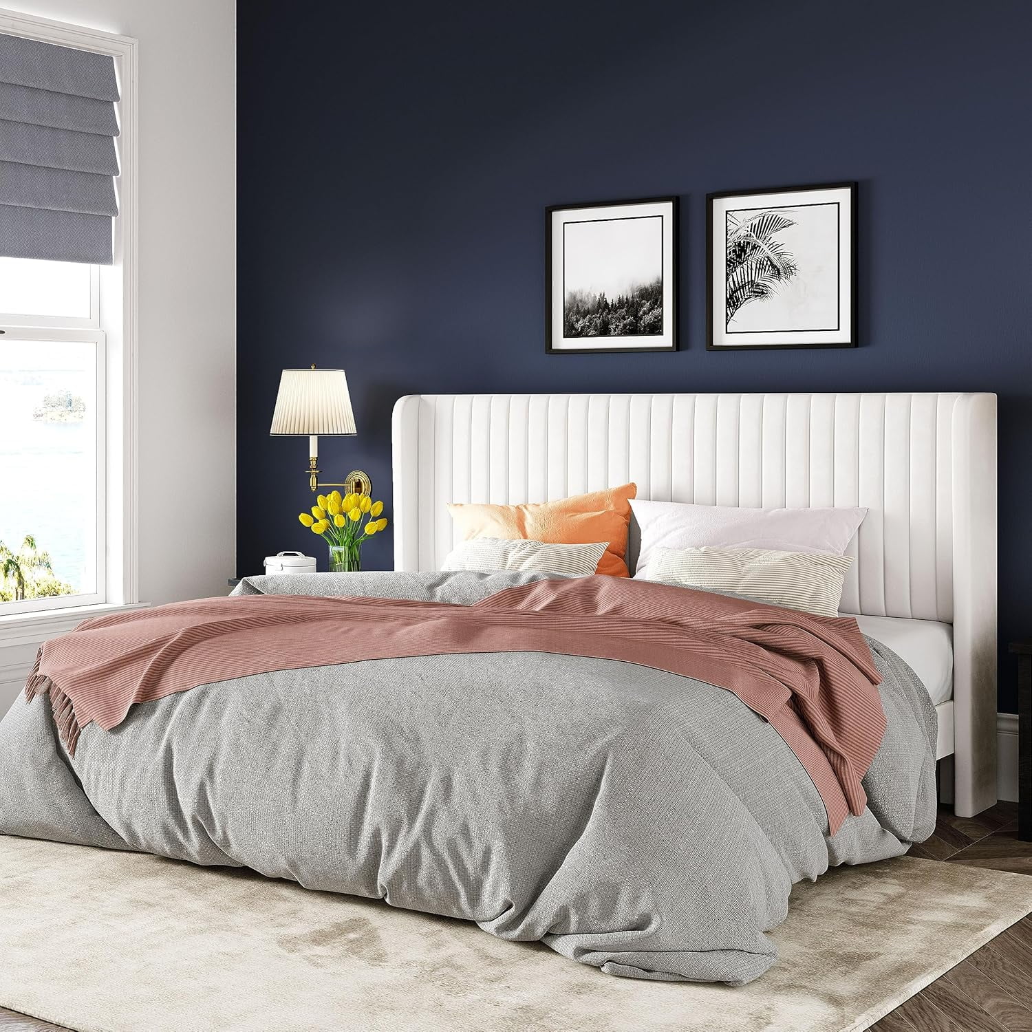 Allewie King Size Velvet Bed Frame Vertical Channel Tufted Wingback Headboard Upholstered Platform Bed Strong Wooden Slats Blue