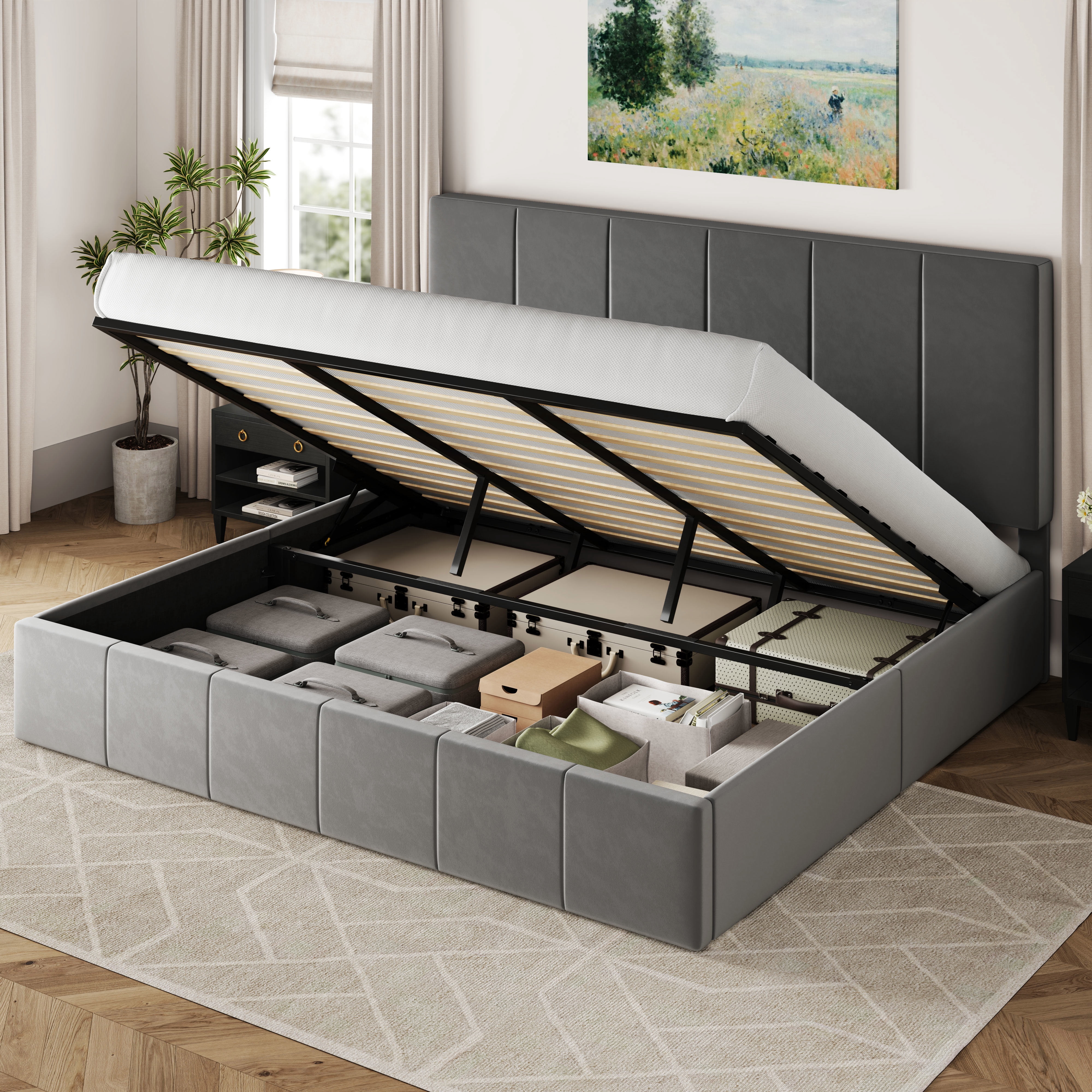 Allewie King Size Velvet Lift Up Storage Bed Frame, Vertical Channel ...