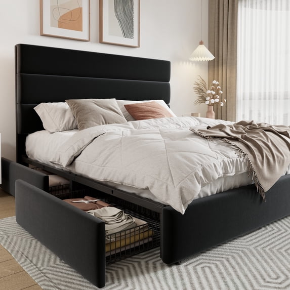 Allewie Queen Size Platform Bed Frame, Velvet Upholstered Headboard ...