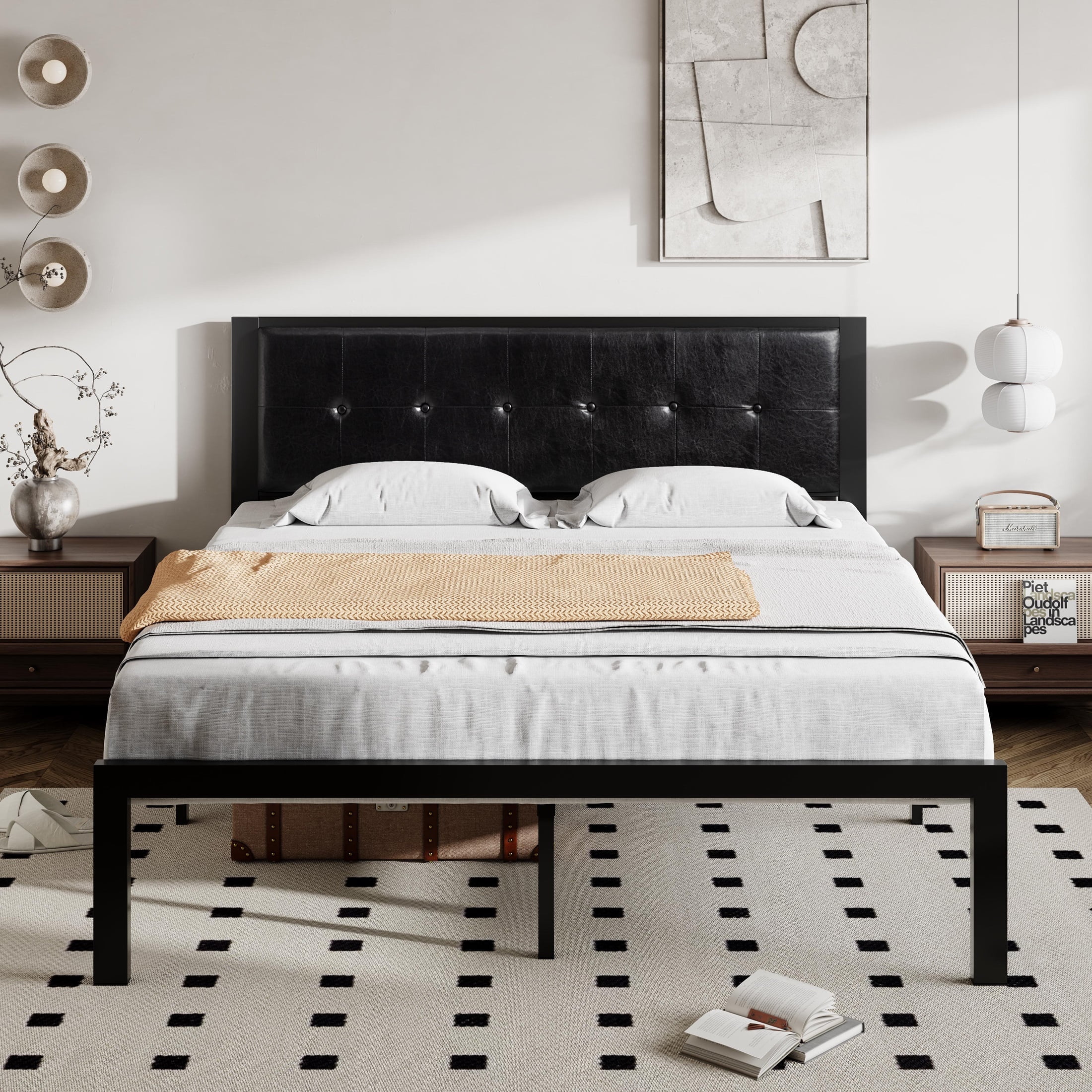 Allewie Queen Size Modern Metal Platform Bed Frame with Faux Leather ...