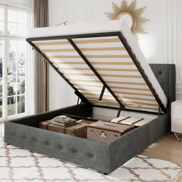 Allewie Queen Size Lift Up Platform Storage Bed Frame with Button ...