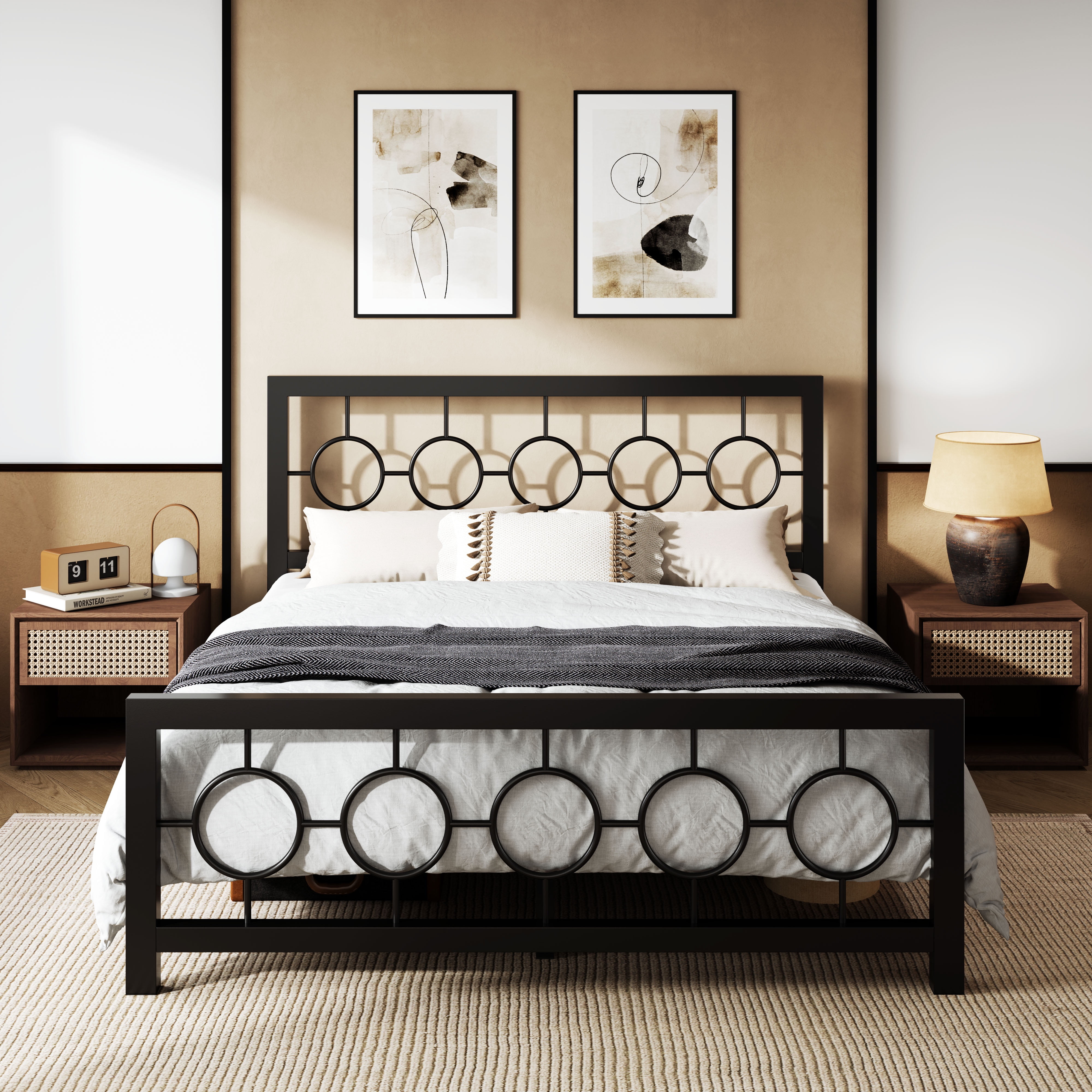 Allewie Queen Size Iron Bed Frame with Modern Vintage Headboard ...