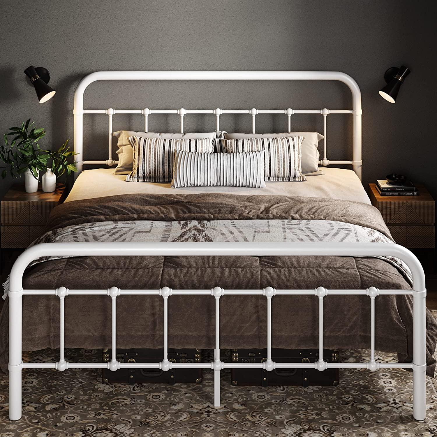Allewie Queen Size Metal Platform Bed Frame with Victorian Style Wrought Iron Art Headboard Footboard White