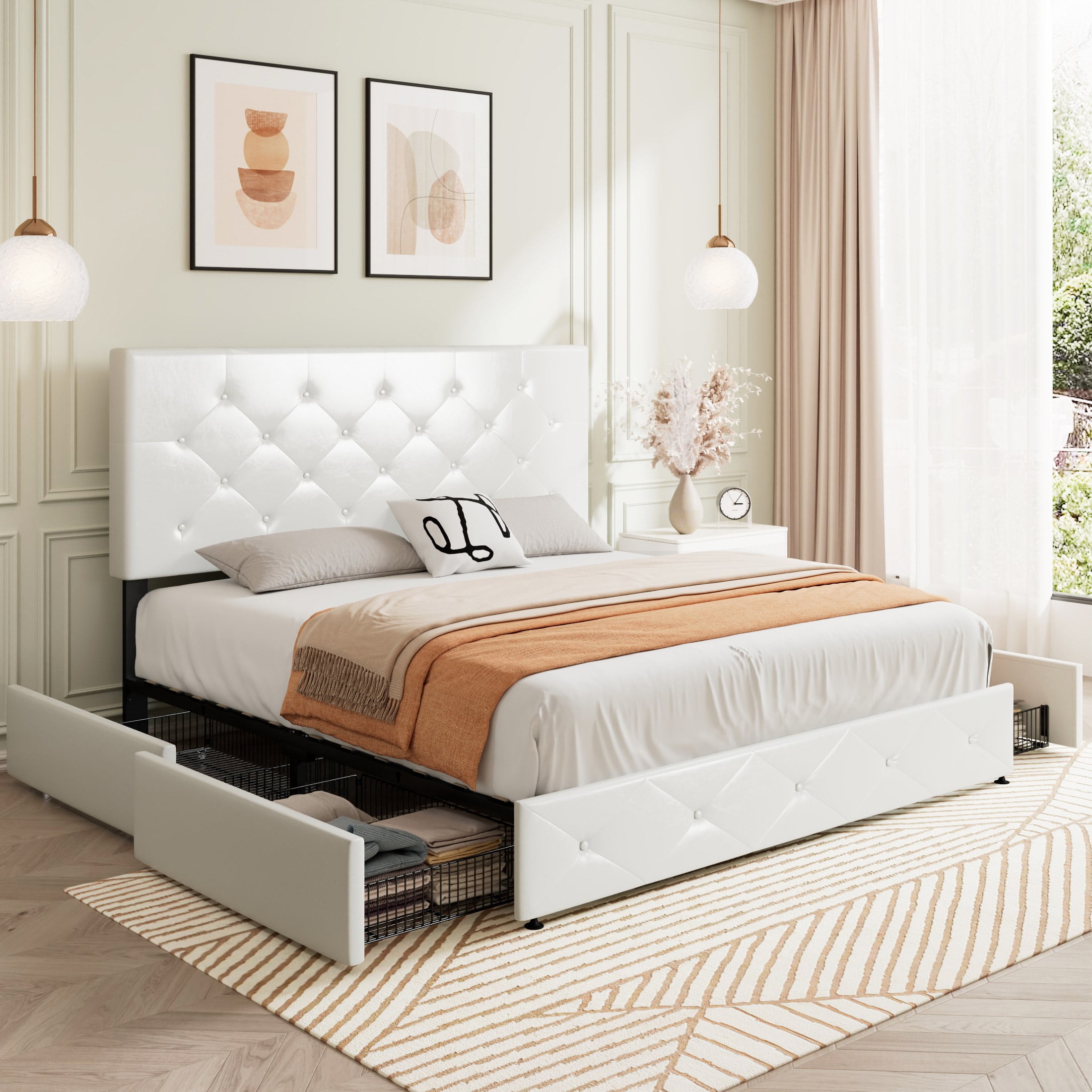 Allewie Queen Size Platform Bed Frame with 4 Drawers and Diamond ...