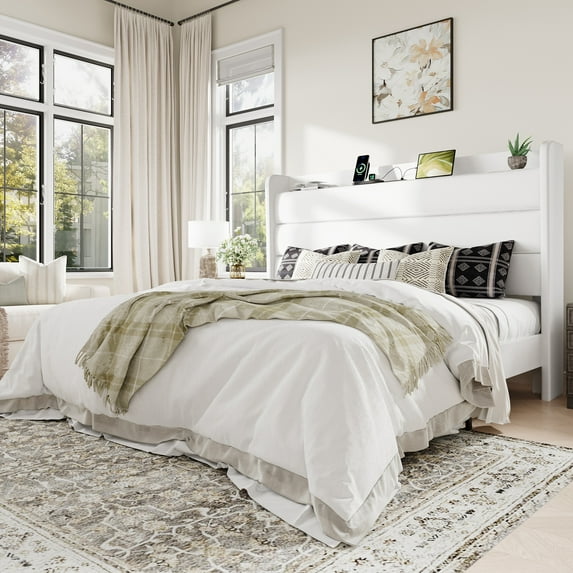 Allewie Queen Size Upholstered Bed Frame with Velvet Charging Station ...