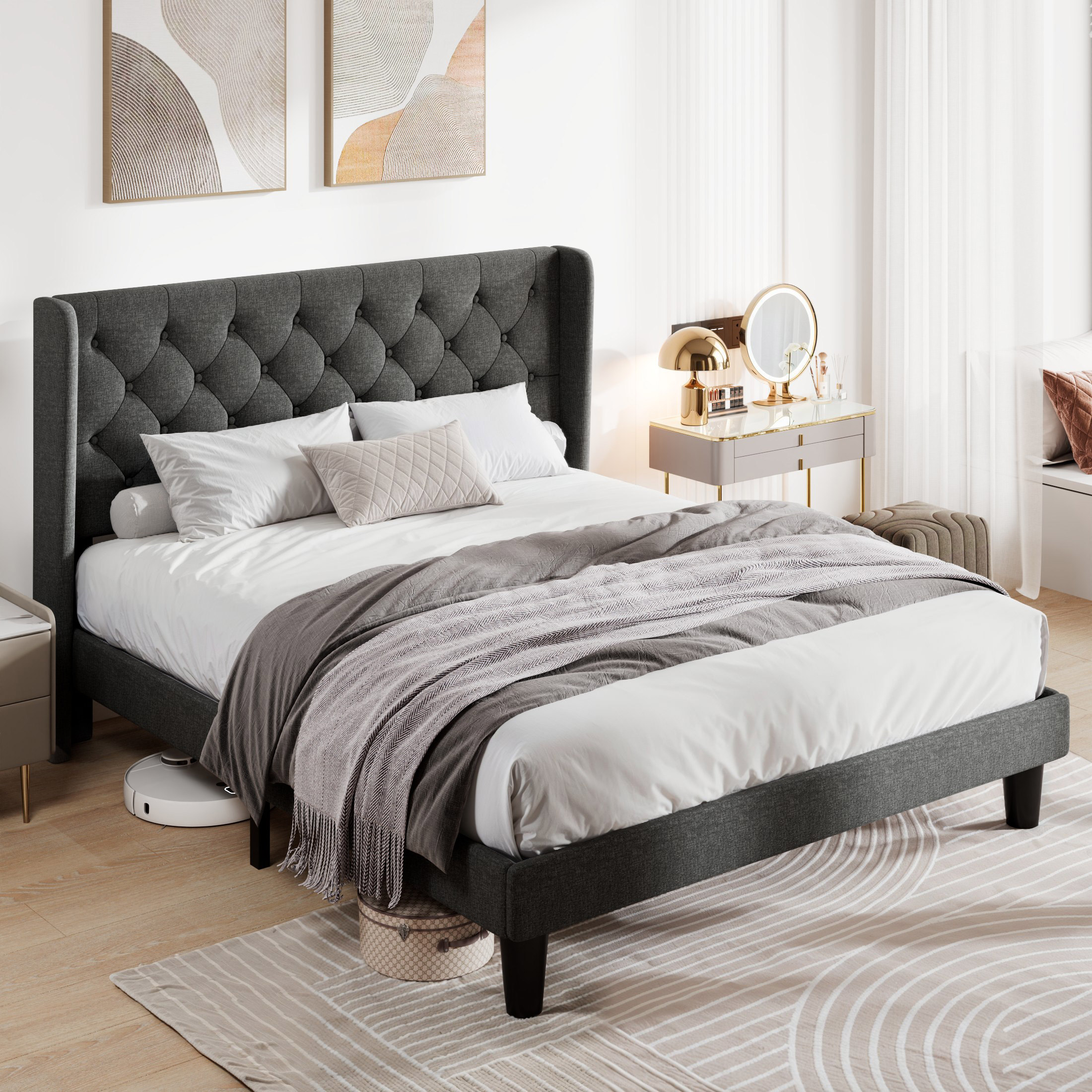 Allewie Queen Size Fabric Upholstered Platform Bed Frame with Wingback ...
