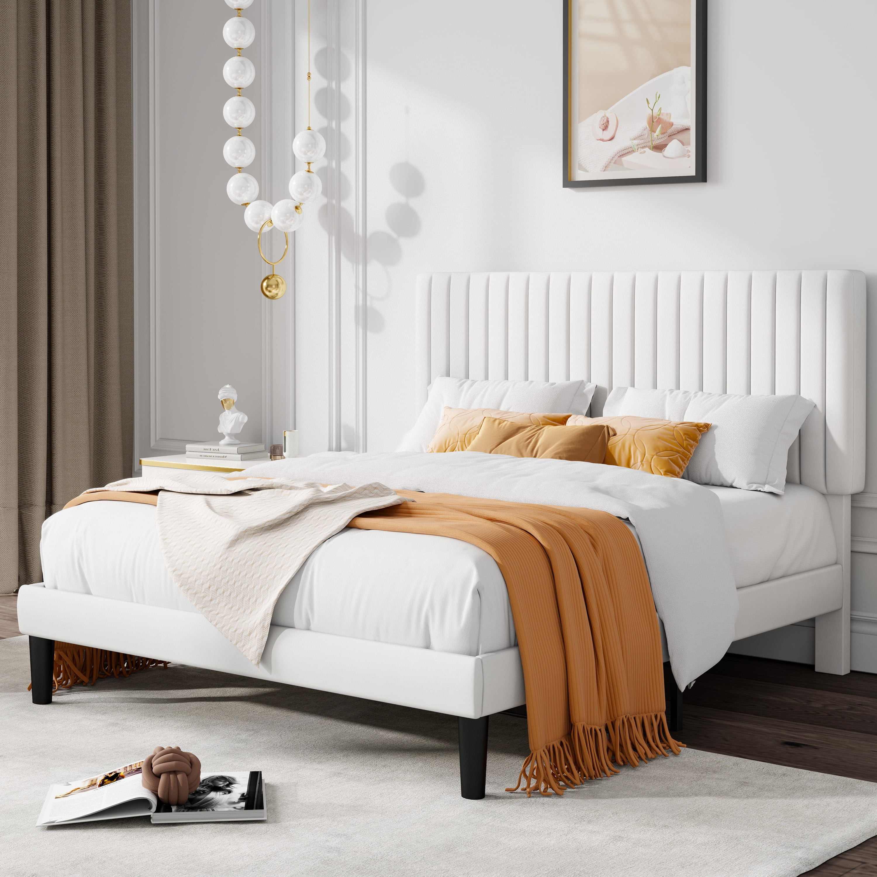 Allewie Queen Size Velvet Upholstered Platform Bed Frame with ...