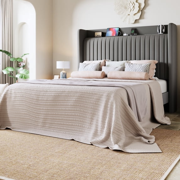 Allewie Queen Size Velvet Upholstered Platform Bed with USB Charging ...