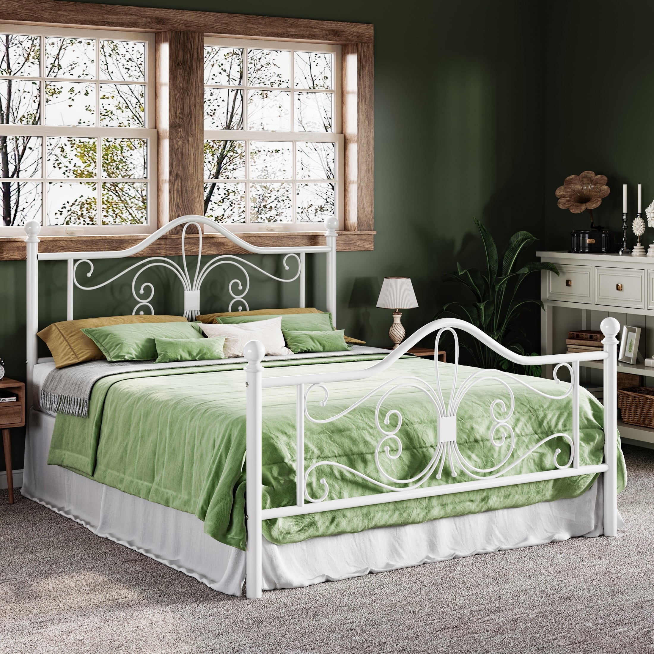 Allewie Queen Size Vintage Metal Bed Frame with Butterfly Pattern Design Headboard & Footboard ...