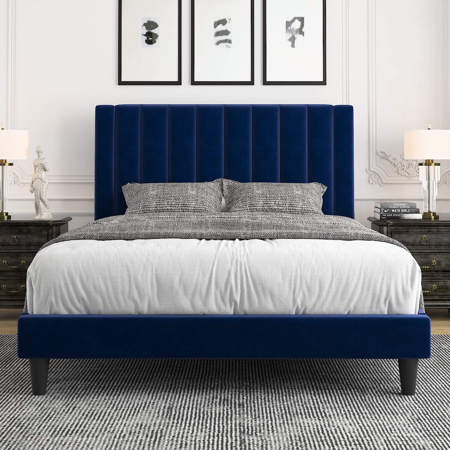 Allewie Queen Velvet Upholstered Bed Frame, Navy Blue, Vertical Channel ...
