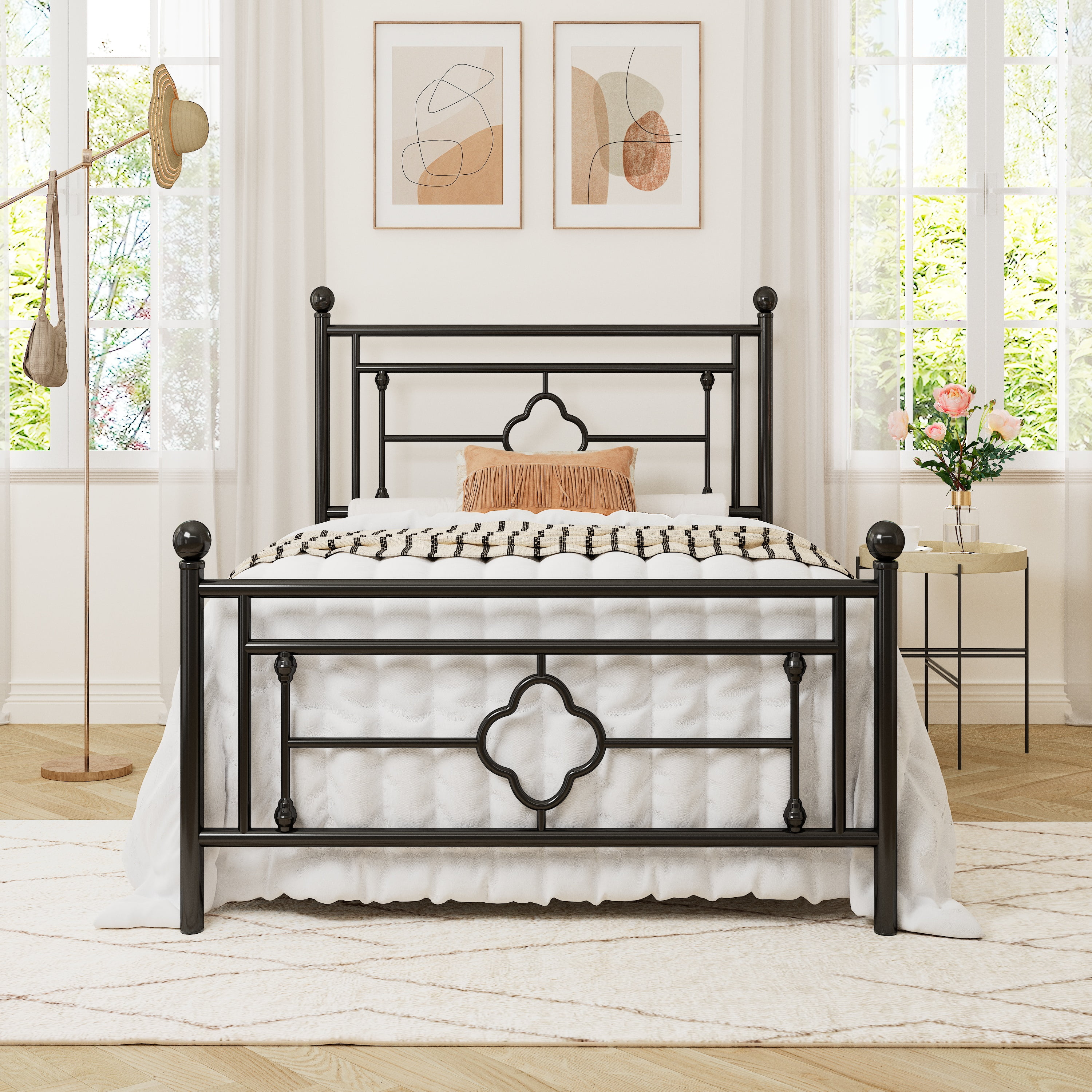 Allewie Twin Size Metal Platform Bed Frame with Victorian Vintage Headboard and Footboard Black