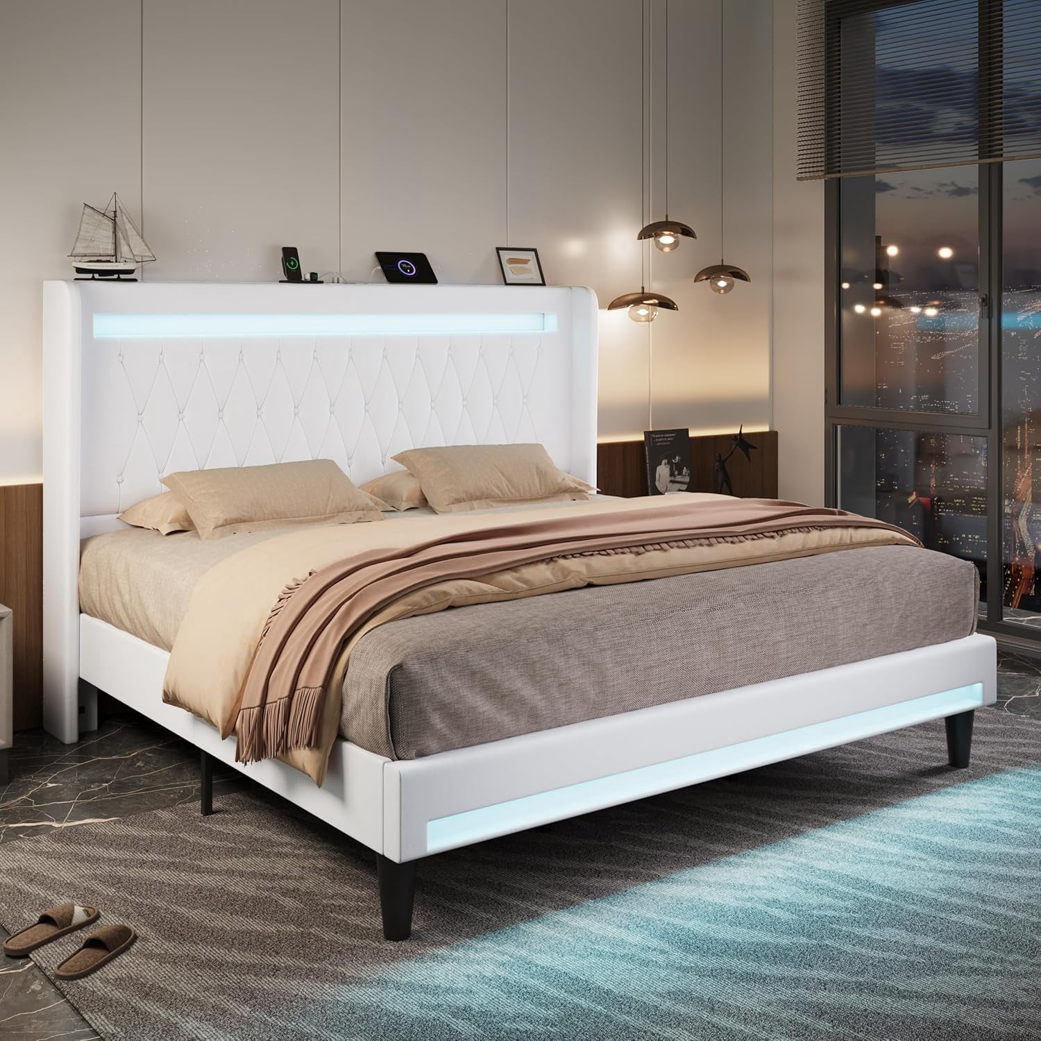 Allewie Upholstered King Size Platform Bed Frame with LED Light and ...