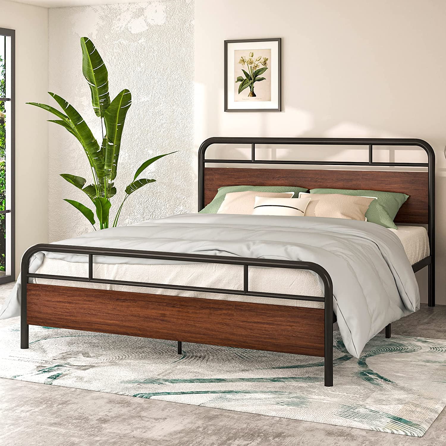 Allewie Queen Size Durable Metal Bed Frame with Wooden Headboard, Extra ...