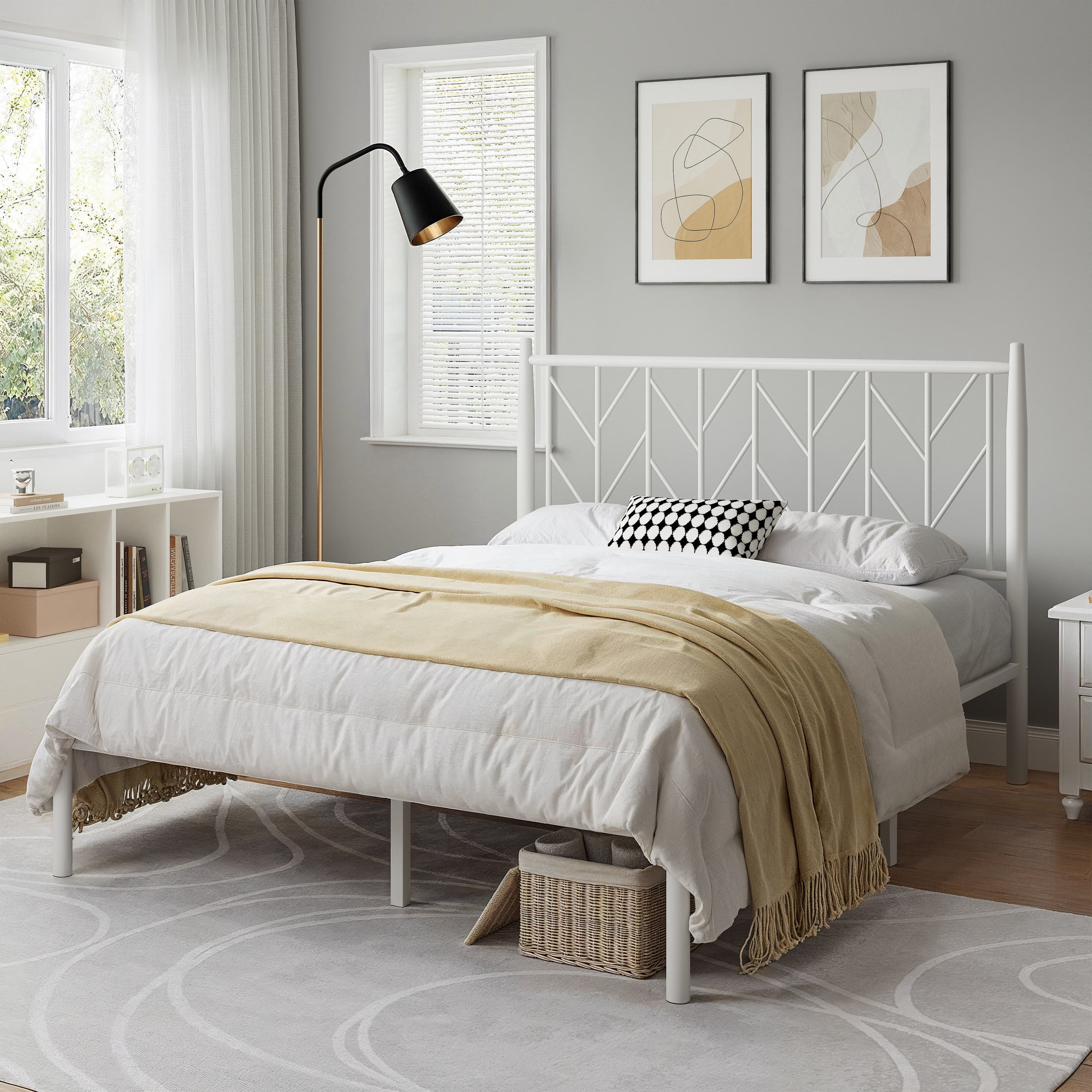 "Sifurni White Modern Metal Queen Size Bed Frame with Vintage Headboard ...