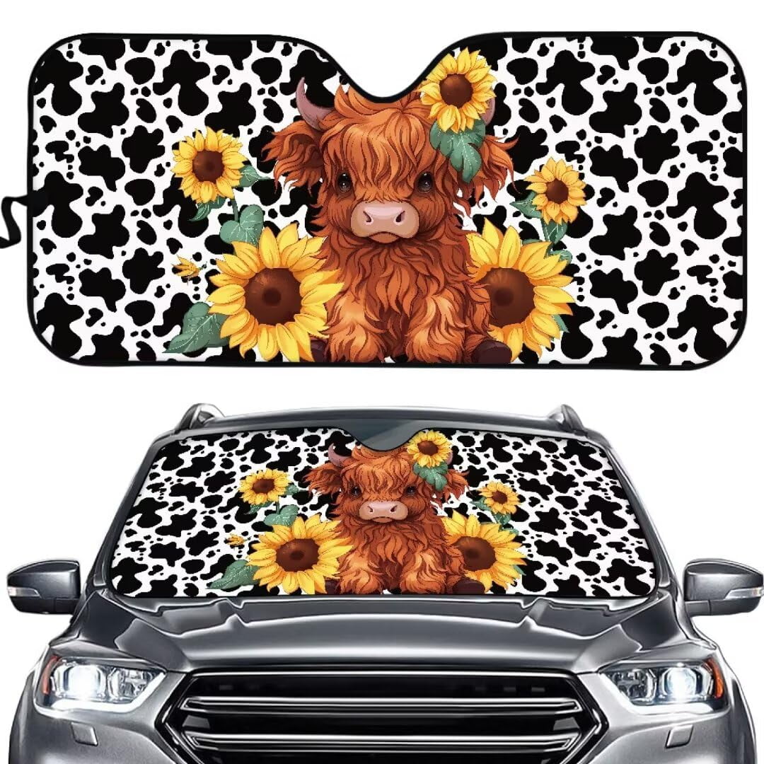 Allhaitong Highland Cow Print Car Windshield Sun Shade Car Accessories ...
