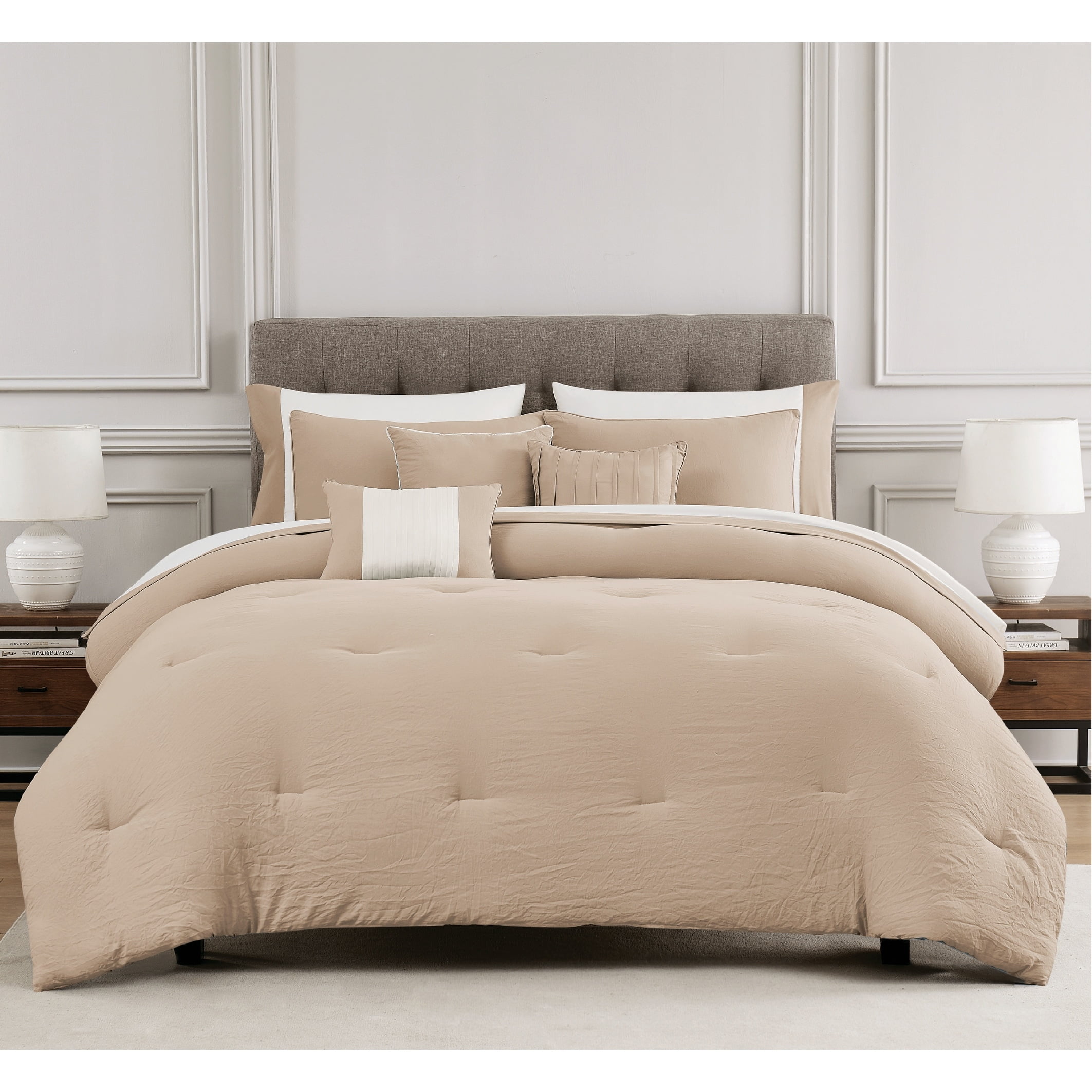 Allia Crinkle Comforter Sheet Set & Decorative Pillows TAUPE - King ...