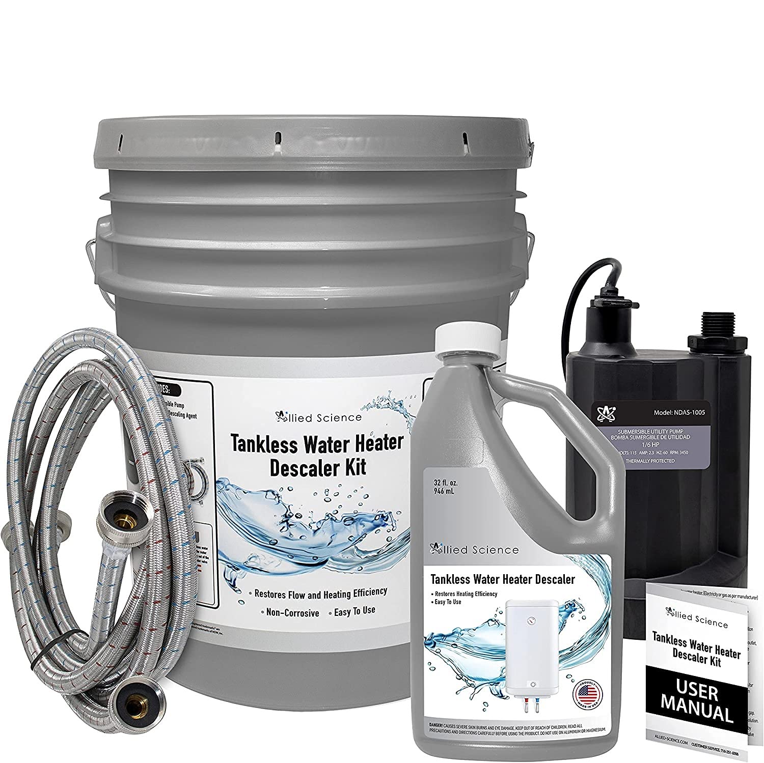 Allied Science Tankless Water Heater Flush Kit with Quart Liquid ...