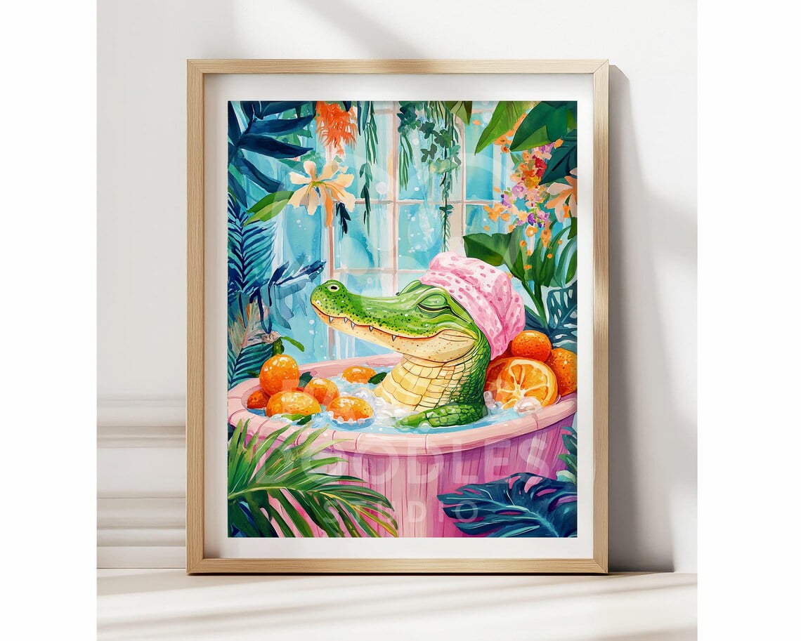 Alligator In Bathtub Poster Funny Tropical Animal Wall Art, Quirky ...