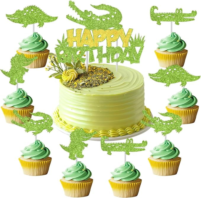 Alligator Cake Topper Set 25Pcs Glitter Crocodile Happy Birthday Cake ...