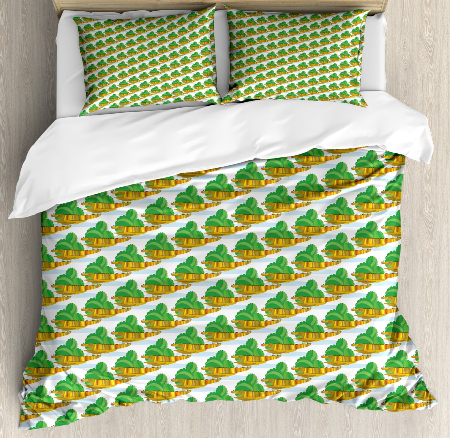 Alligator Duvet Cover Set Queen Size, Crocodile Family in Green Bushes ...