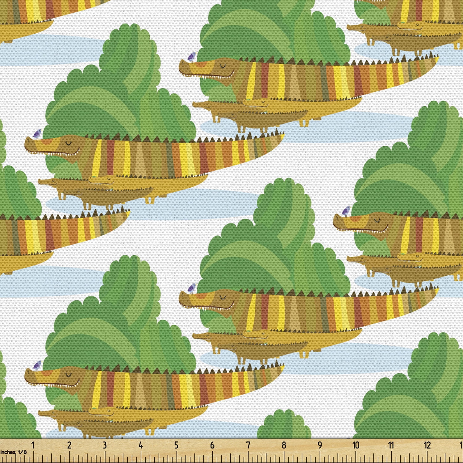 Alligator Fabric by the Yard, Crocodile Family in Green Bushes Striped ...