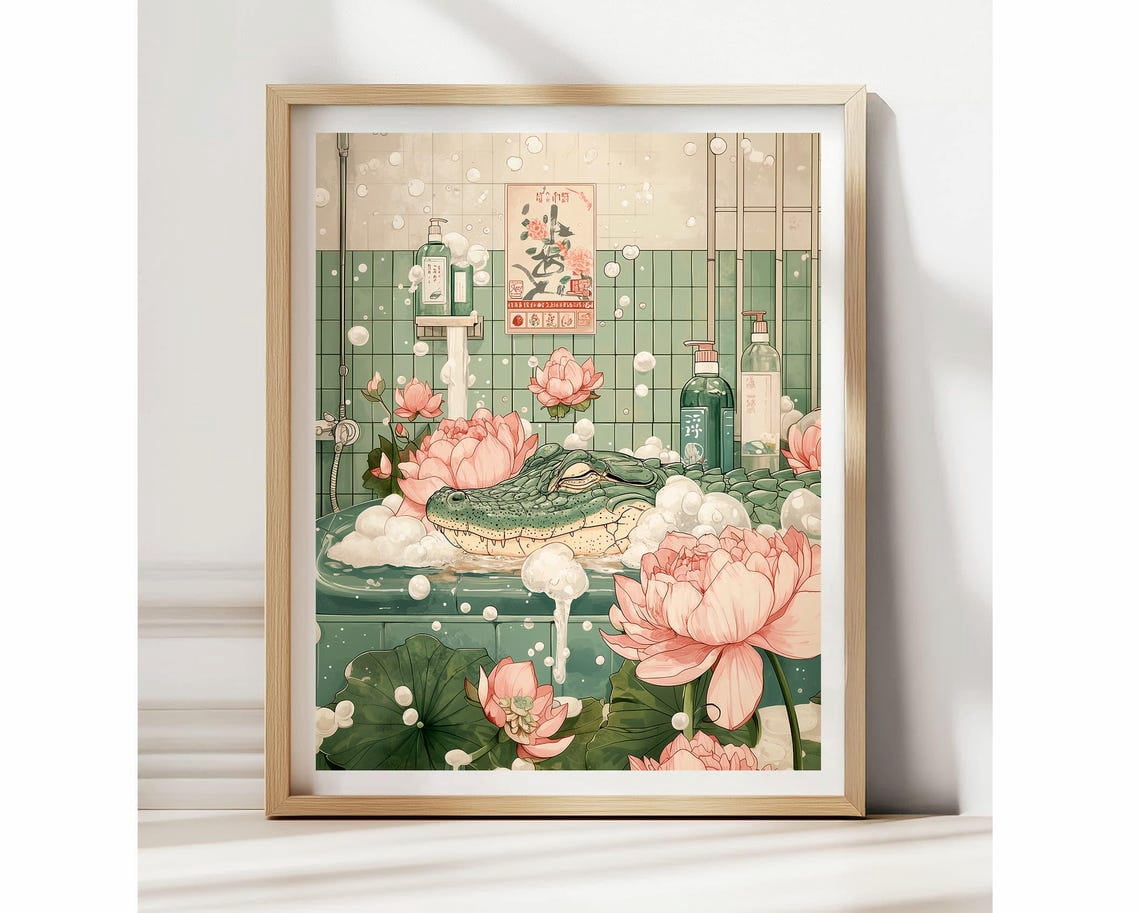 Alligator In Bathtub Japandi Restroom Bathroom Poster Art Unframed ...