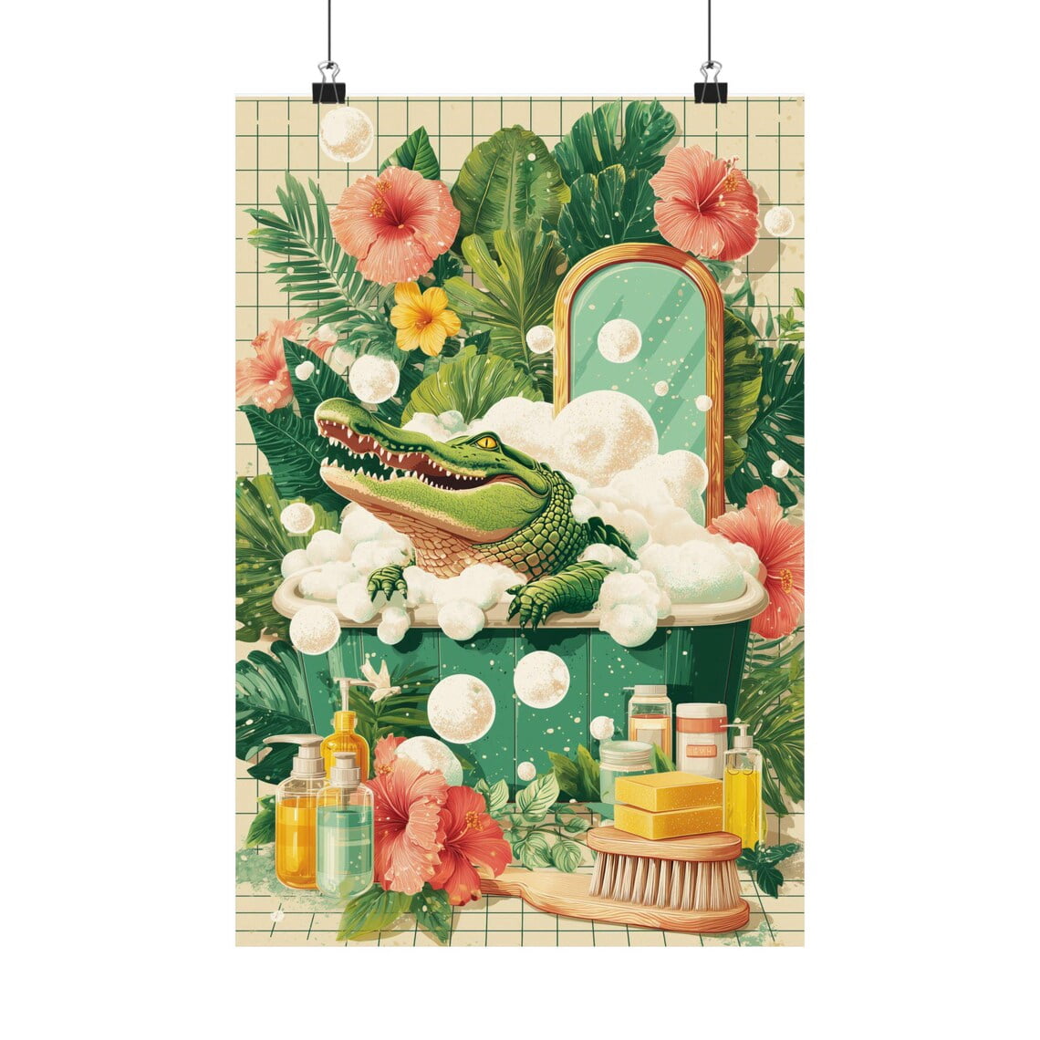 Alligator In Bathtub Print Funny Gator Animal Poster Bubble Bath Wall ...