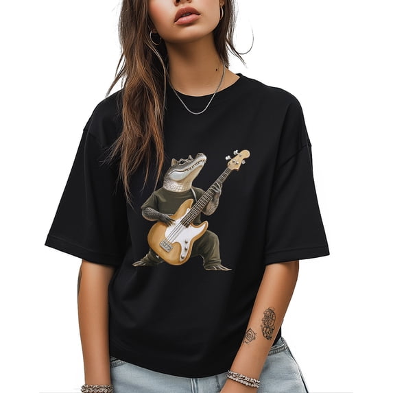 Alligator Plays Bass T Shirts for Women Short Sleeve Cotton Crewneck T ...