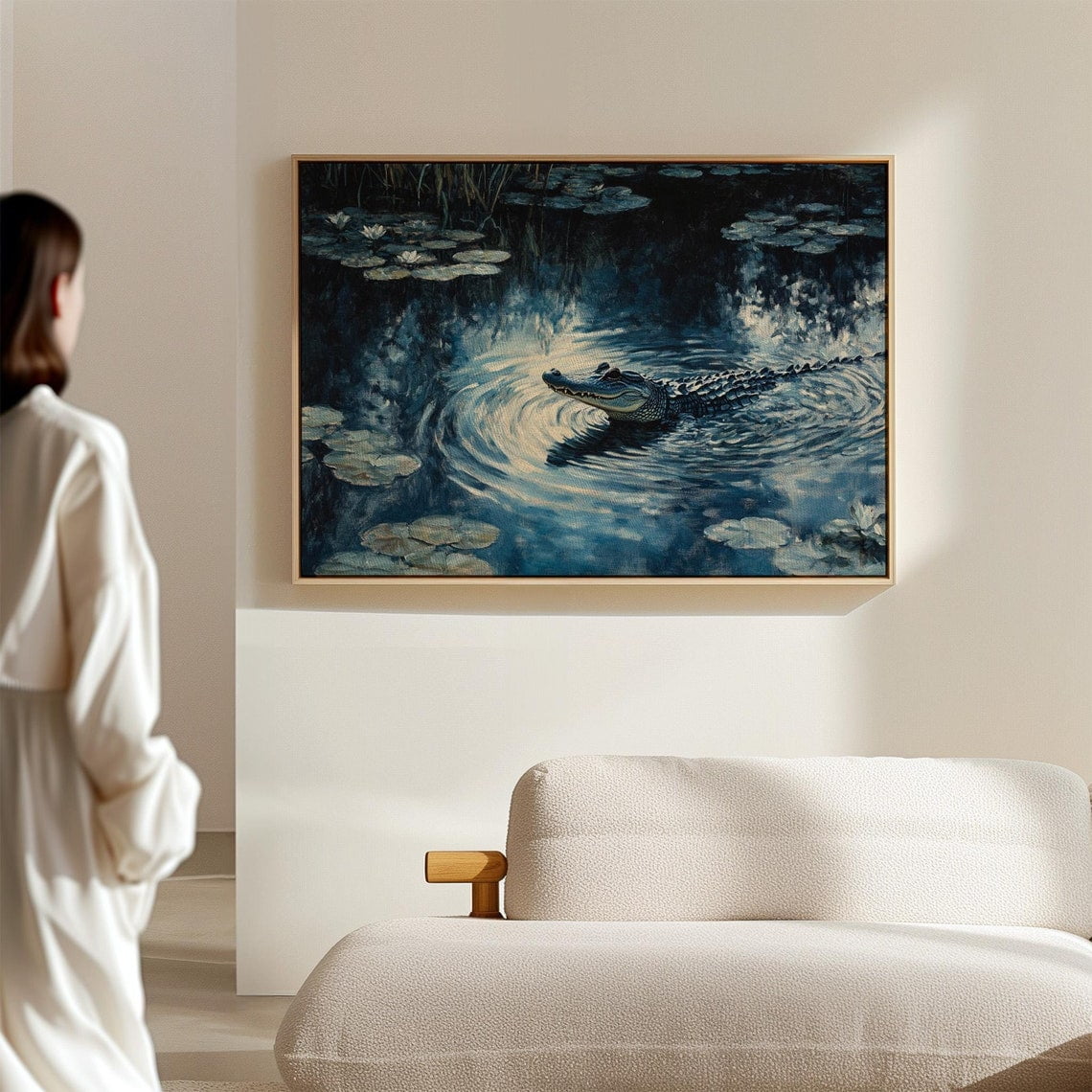 Alligator In Serene Water Lily Pond - Wildlife Art, Rustic Swamp Decor ...