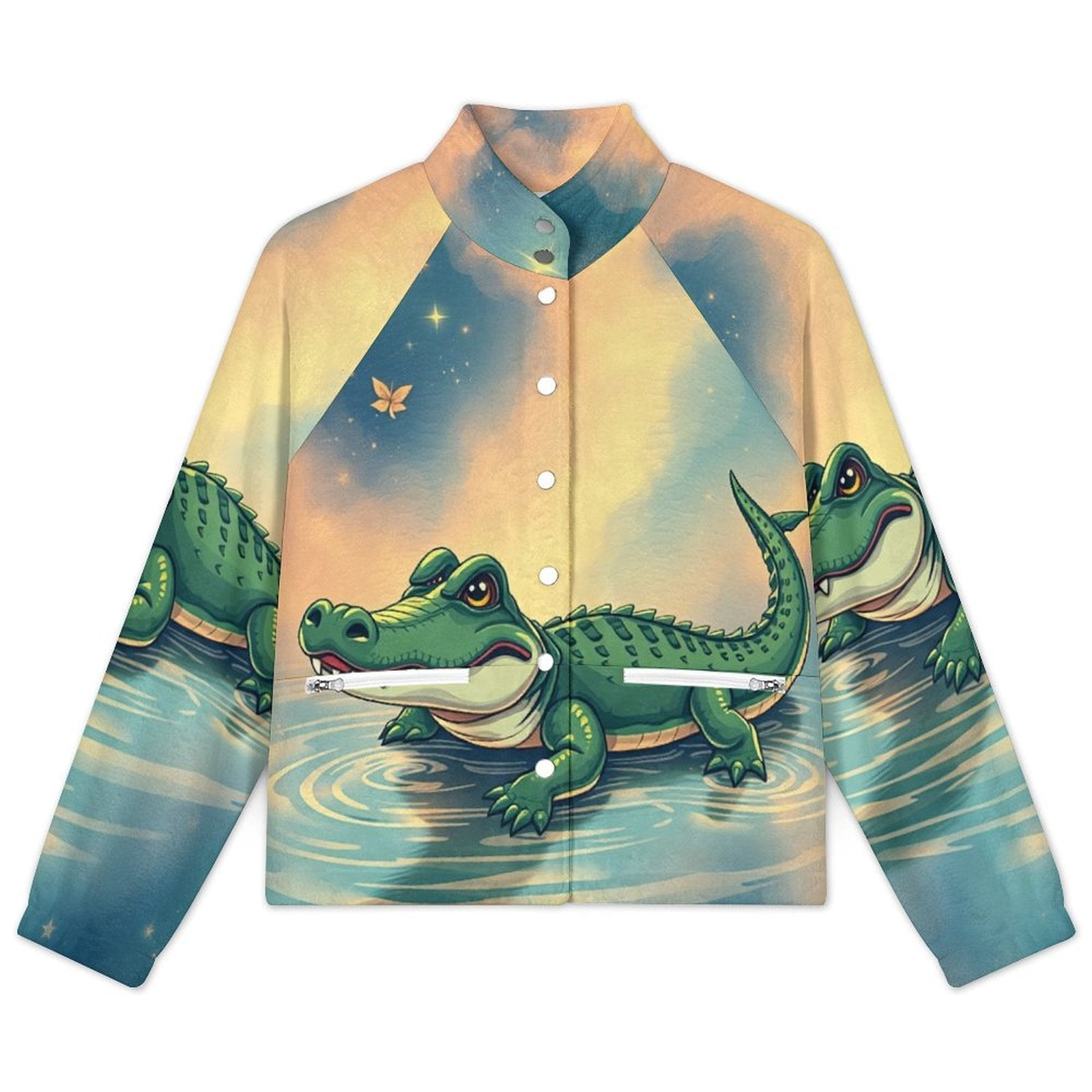 Alligator Starry Night Water Warm Women's Plush Jacket Stand Collar ...
