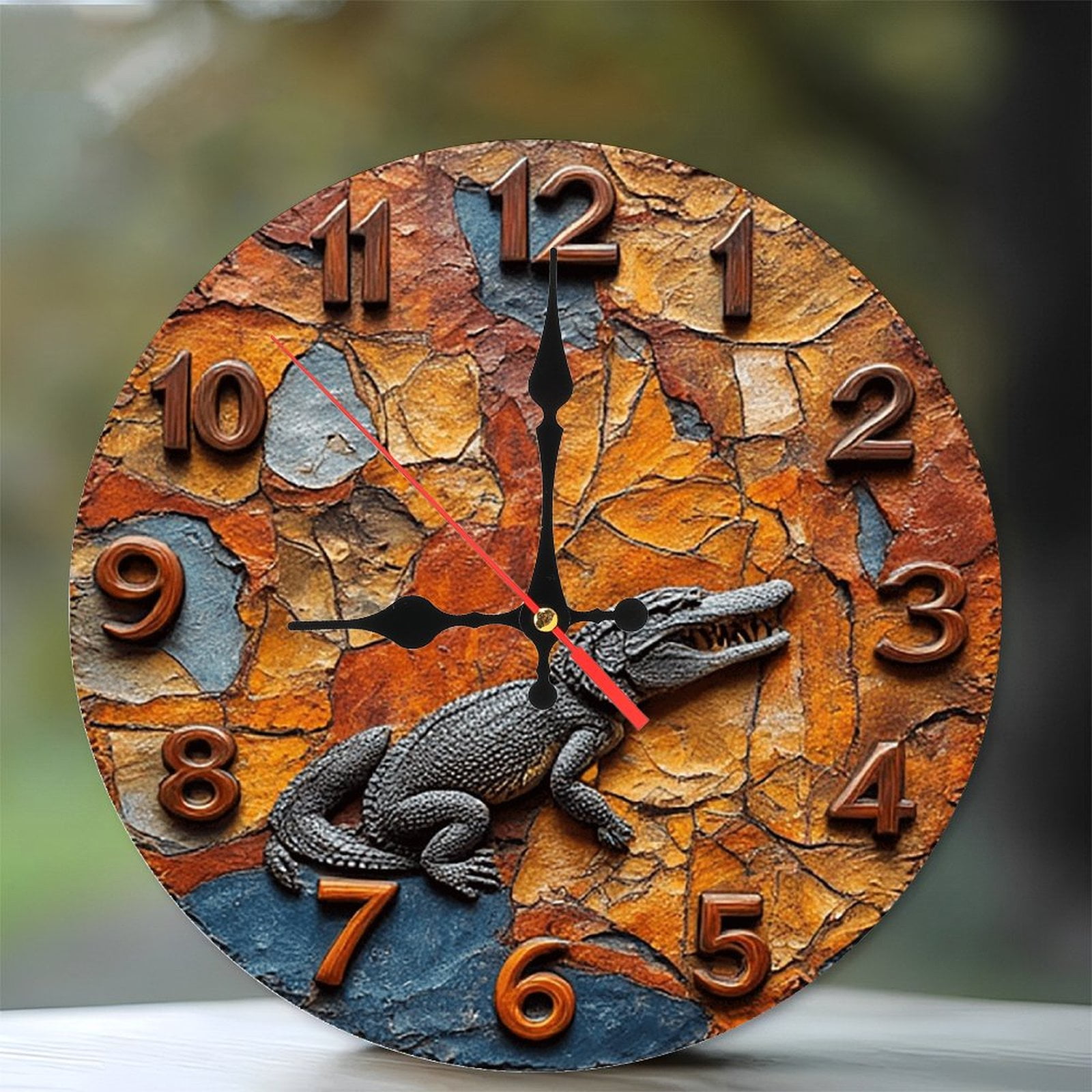 Alligator Stone Wall Clock Rustic Decor Home 10-Inch Silent Wooden Wall ...