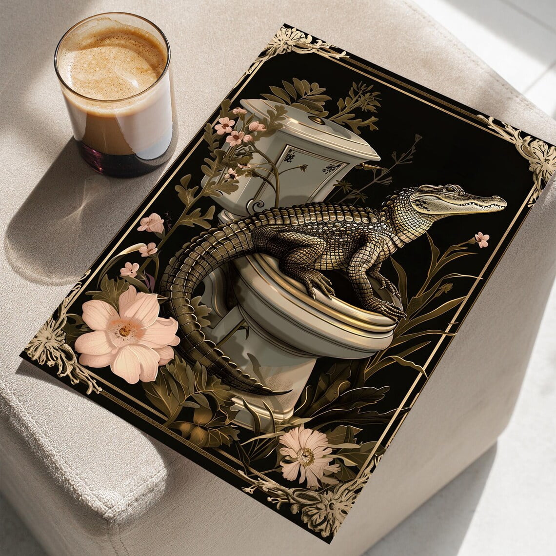 Alligator On The Toilet Botanical Floral Vintage Style Whimsical Wall ...