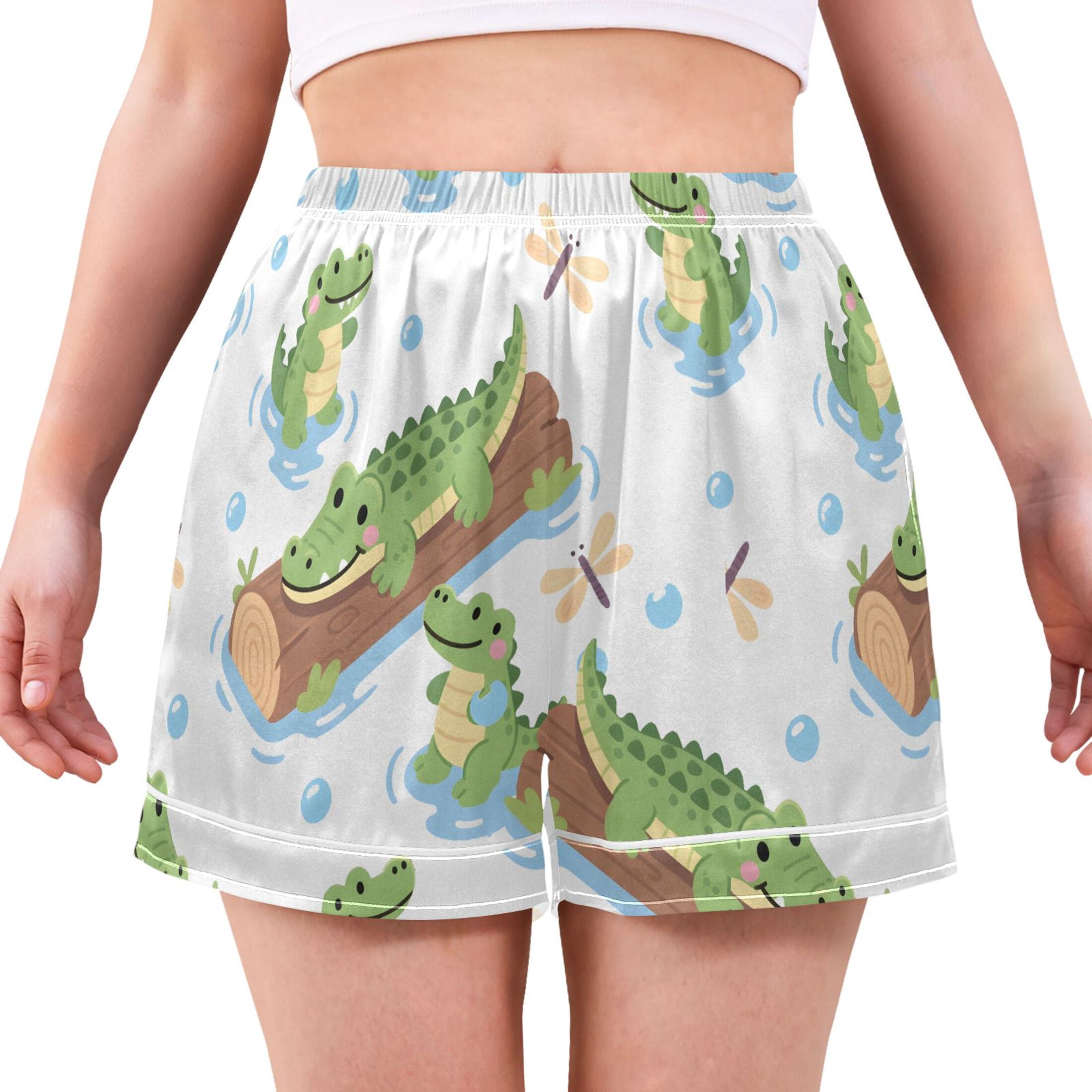 Alligator Wood Bubbles Pattern Women's Pajama Shorts Silky Satin Casual ...