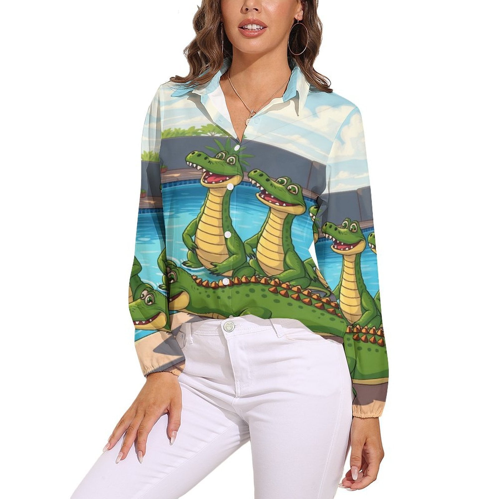 Alligators Pool Fun Blouse Female Long Sleeve Casual Shirts Oversized ...
